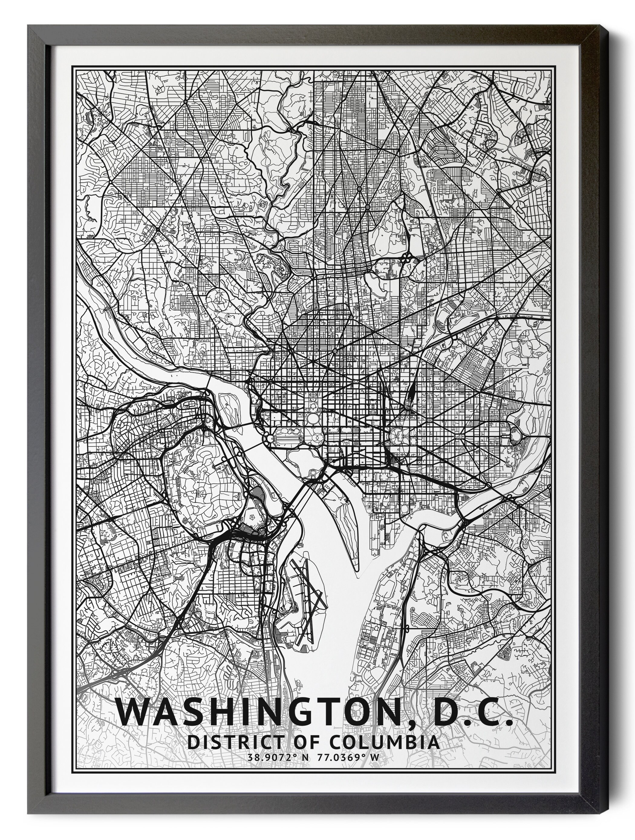 Washington DC Map, Black and White, Coordinates, Washington DC Poster ...