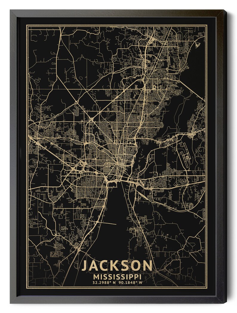 Jackson Mississippi Map, Black, High Resolution Real Gold Leaf Texture ...