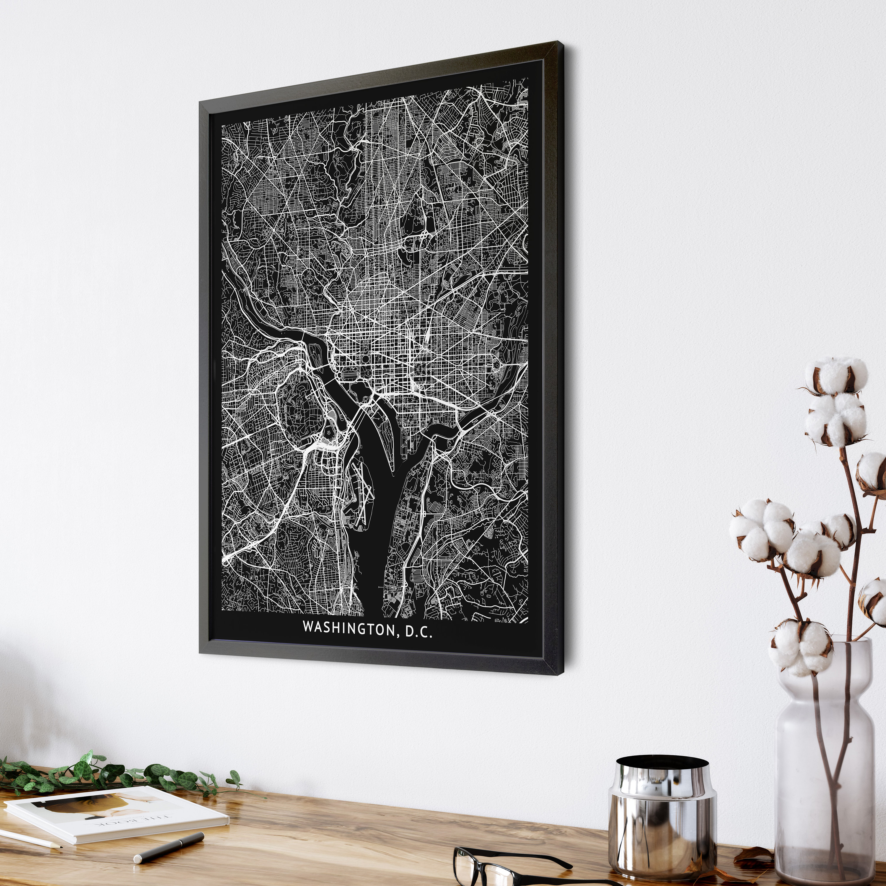 Washington DC Map, Black and White, Inverted, Washington DC Poster ...