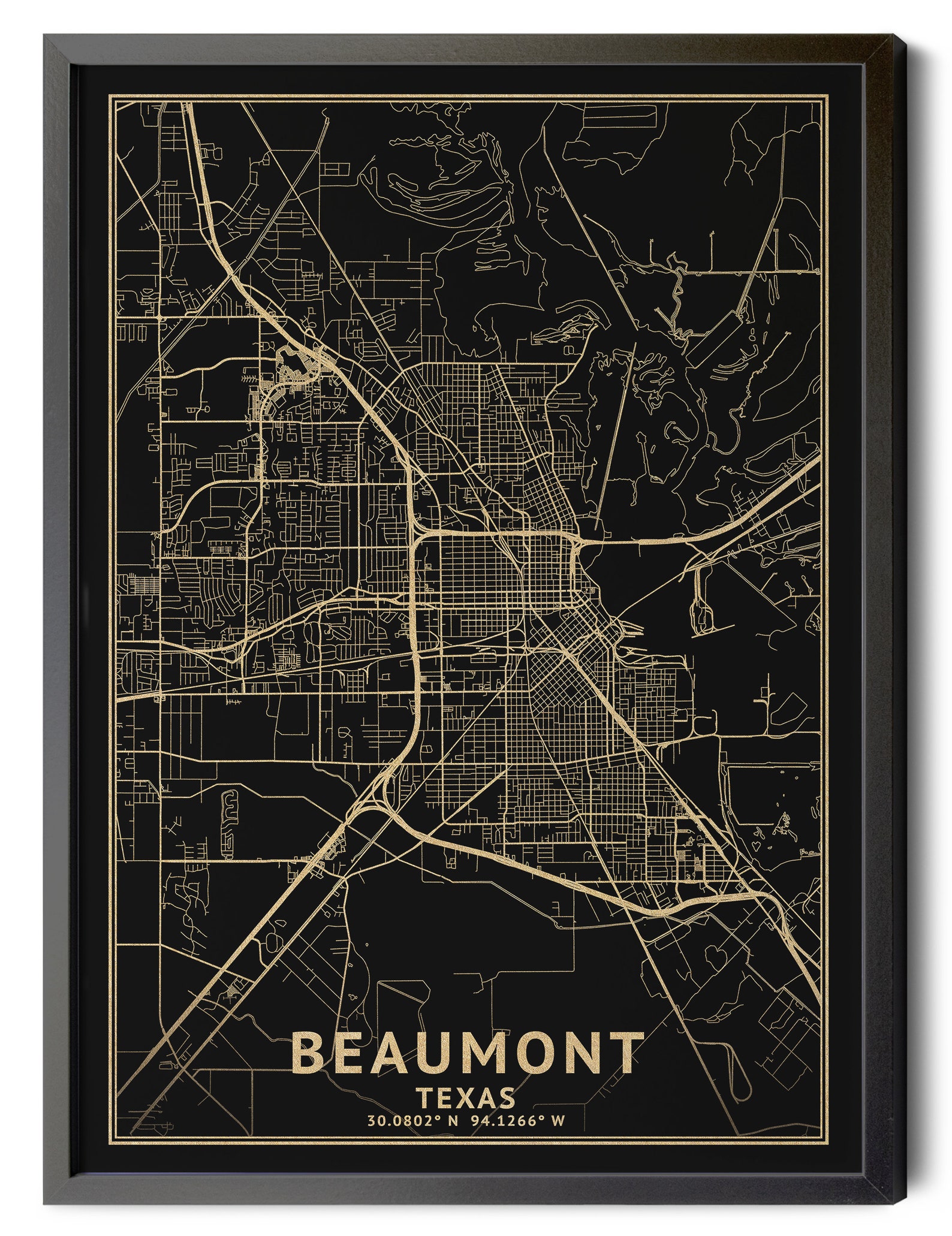 Beaumont Texas Map Black High Resolution Real Gold Leaf - Etsy