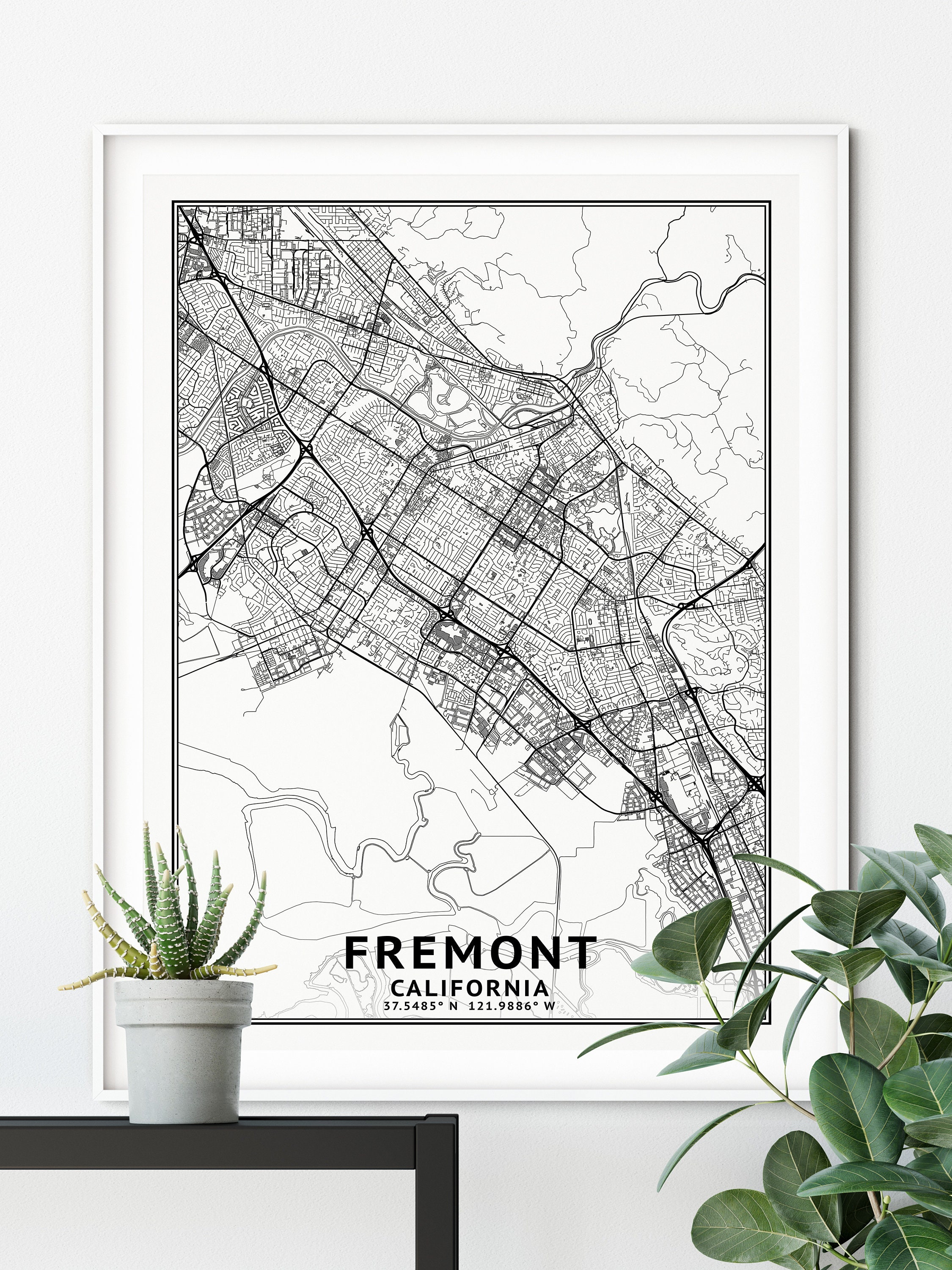 Fremont California Map, Black and White, Coordinates, Map of Fremont ...