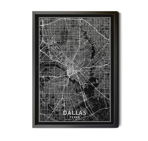 Dallas Texas Map Black High Resolution Real Silver Texture - Etsy