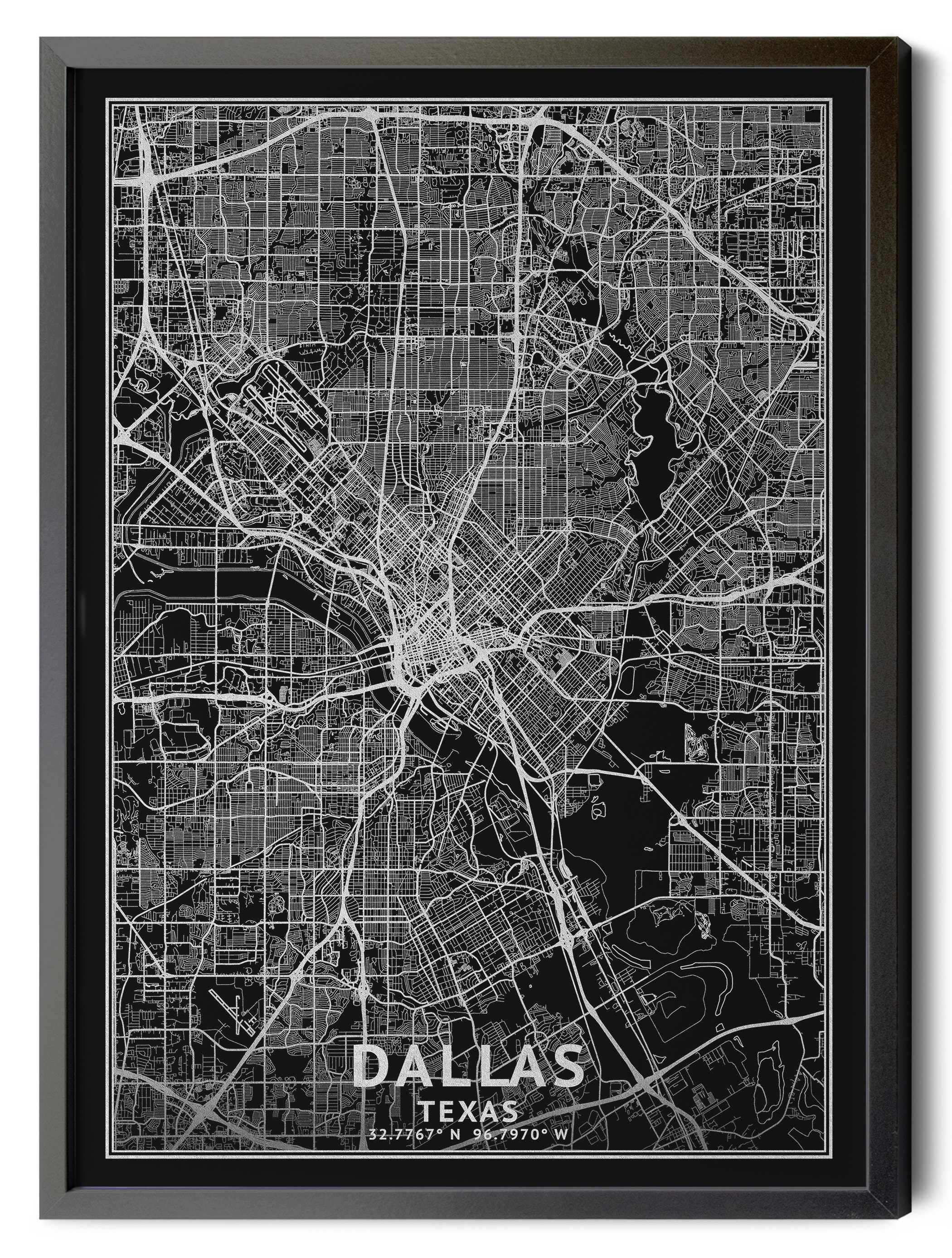 Dallas Texas Map, Black, High Resolution Real Silver Texture ...
