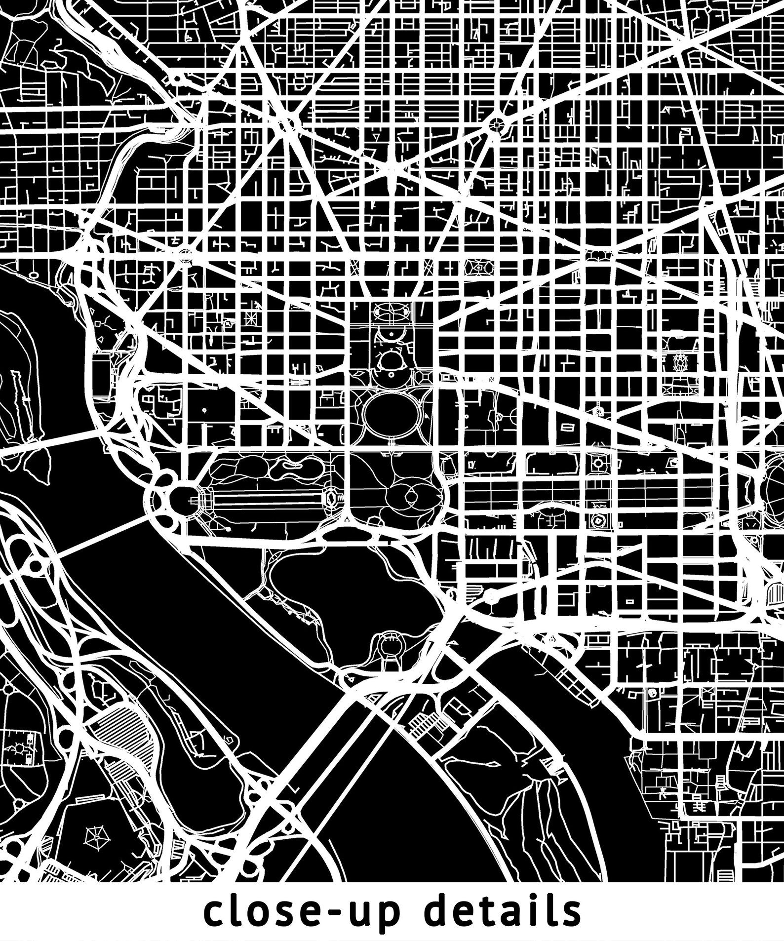 Washington DC Map, Black and White, Inverted, Coordinates, Washington ...