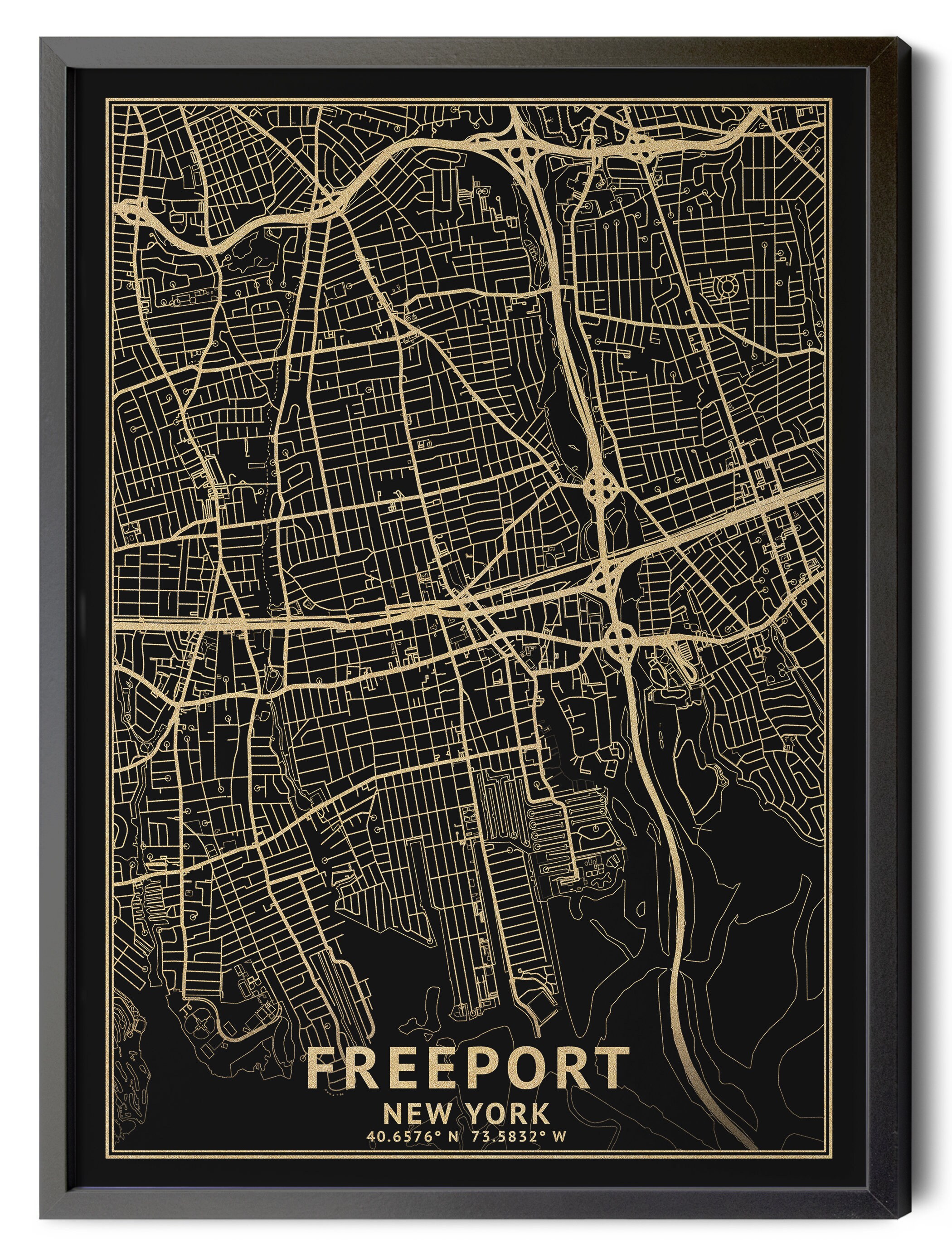 Freeport New York Map, Black, High Resolution Real Gold Leaf Texture ...
