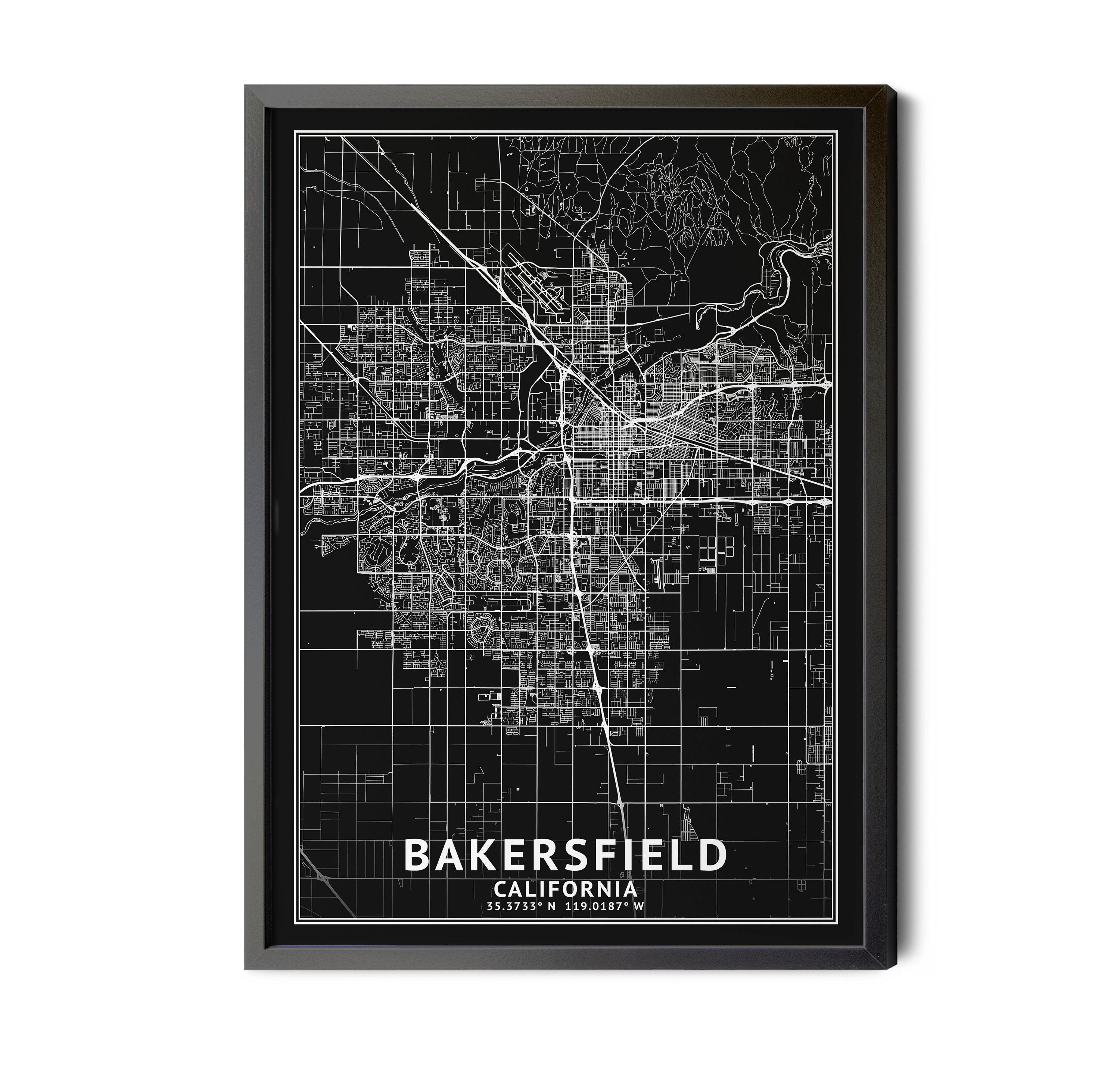 Bakersfield California Map, Black and White, Inverted, Coordinates, Map ...