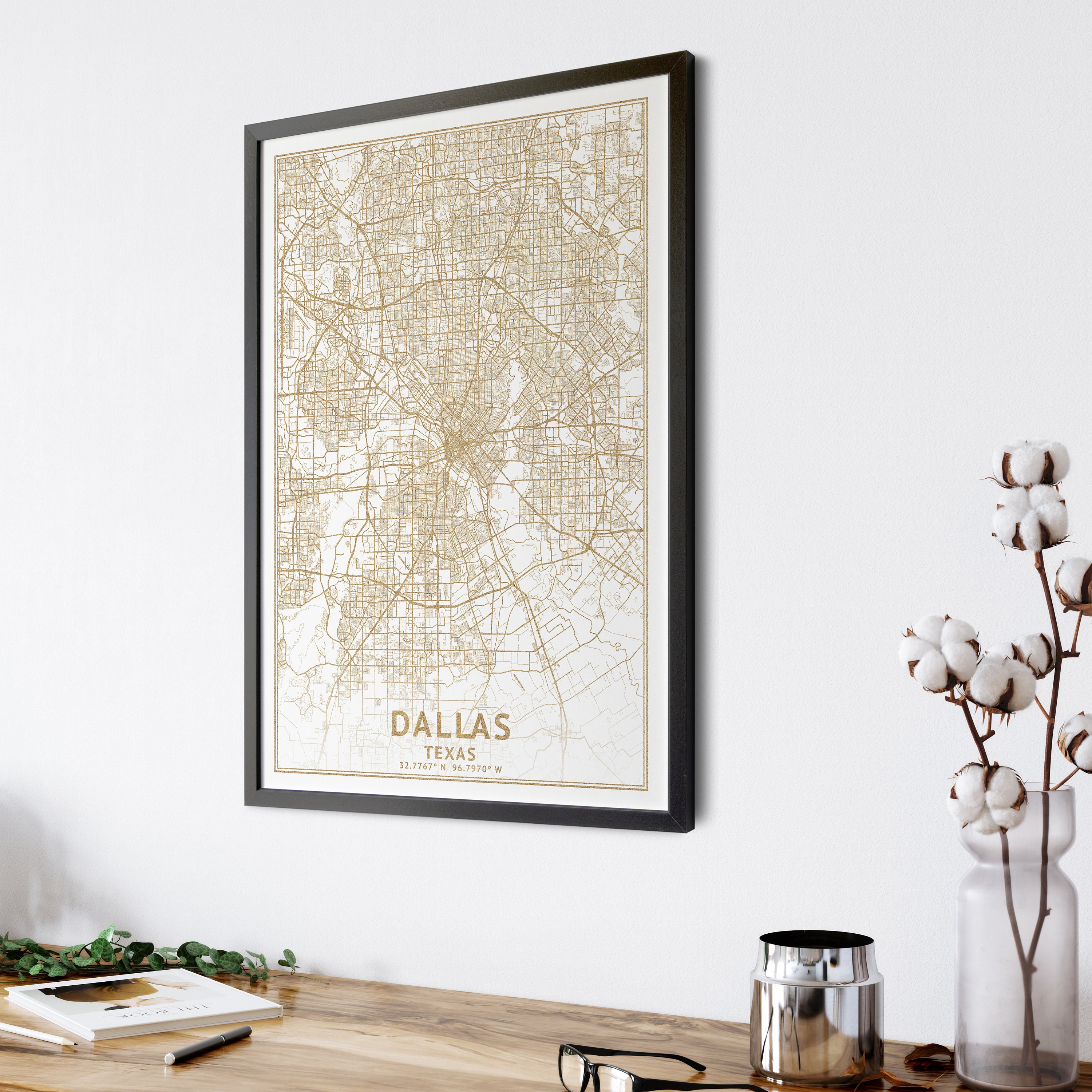 Dallas Texas Map, High Resolution Real Gold Leaf Texture, Coordinates ...