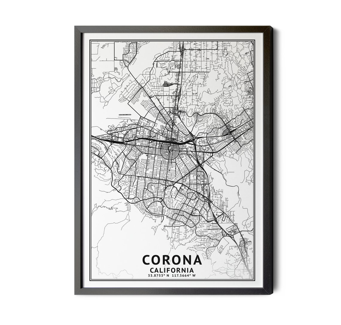 Corona California Map Black and White Coordinates Map of - Etsy