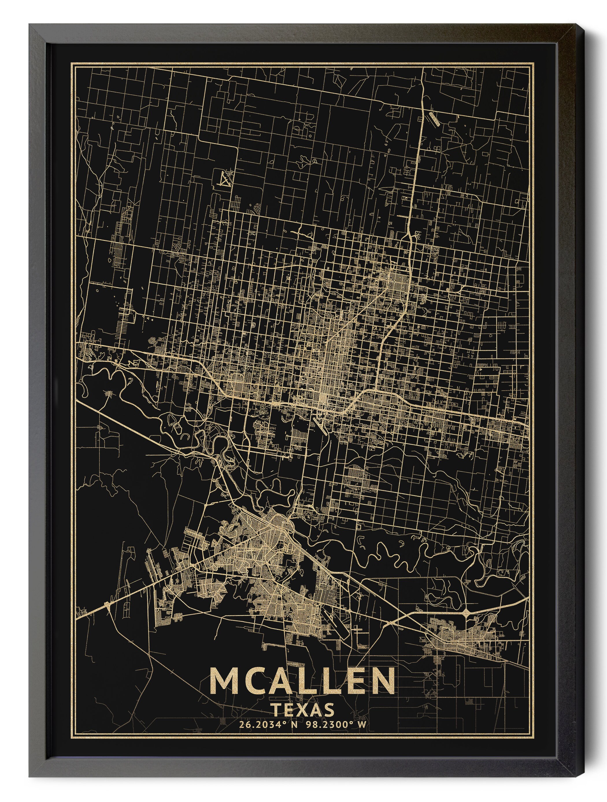 Mcallen Texas Map Black High Resolution Real Gold Leaf | Etsy