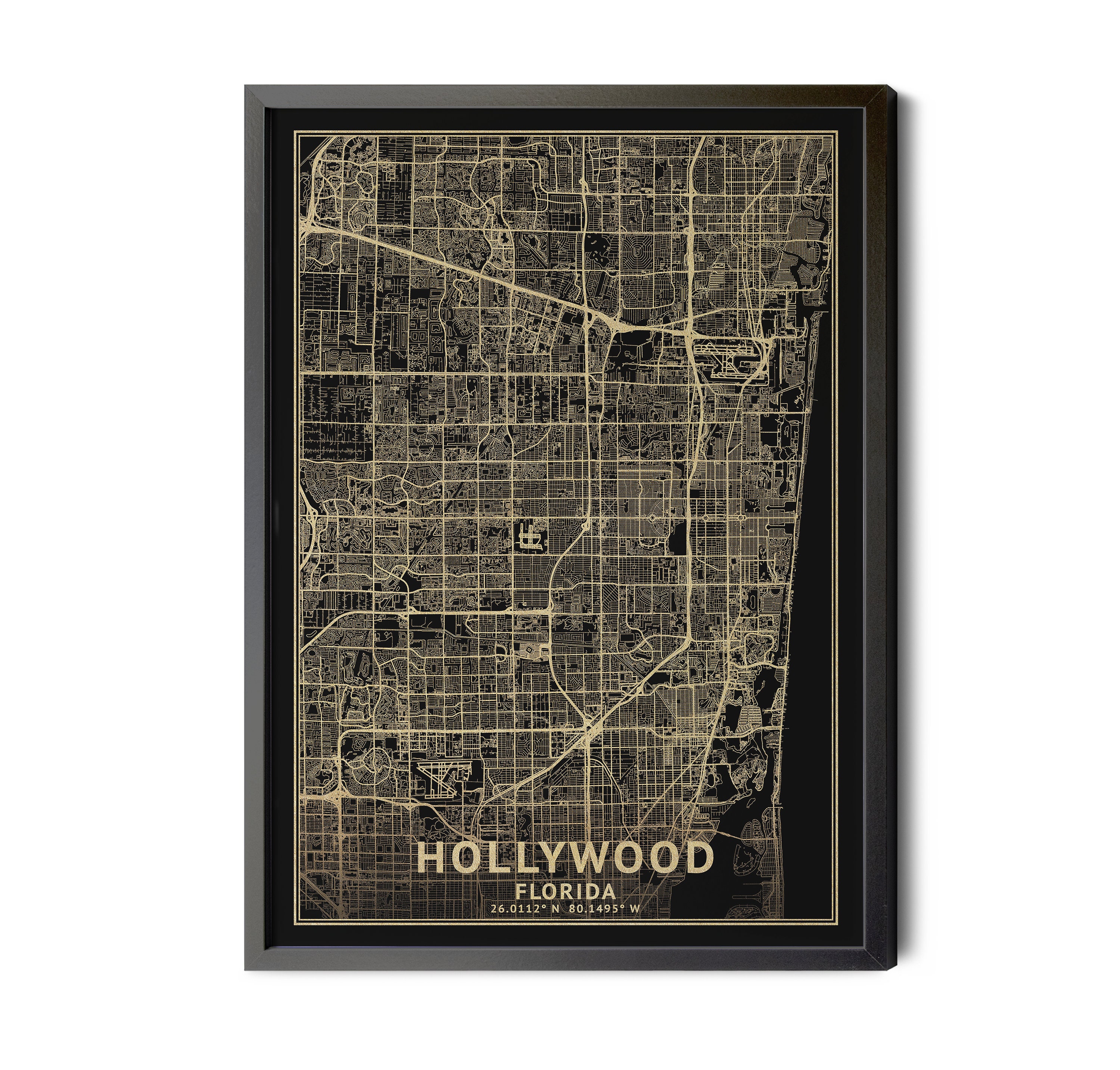 Hollywood Florida Map, Black, High Resolution Real Gold Leaf Texture ...