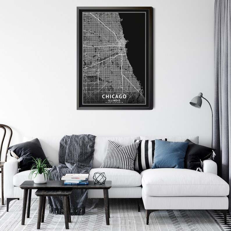 Chicago Map Black and White Inverted Black Chicago Illinois - Etsy
