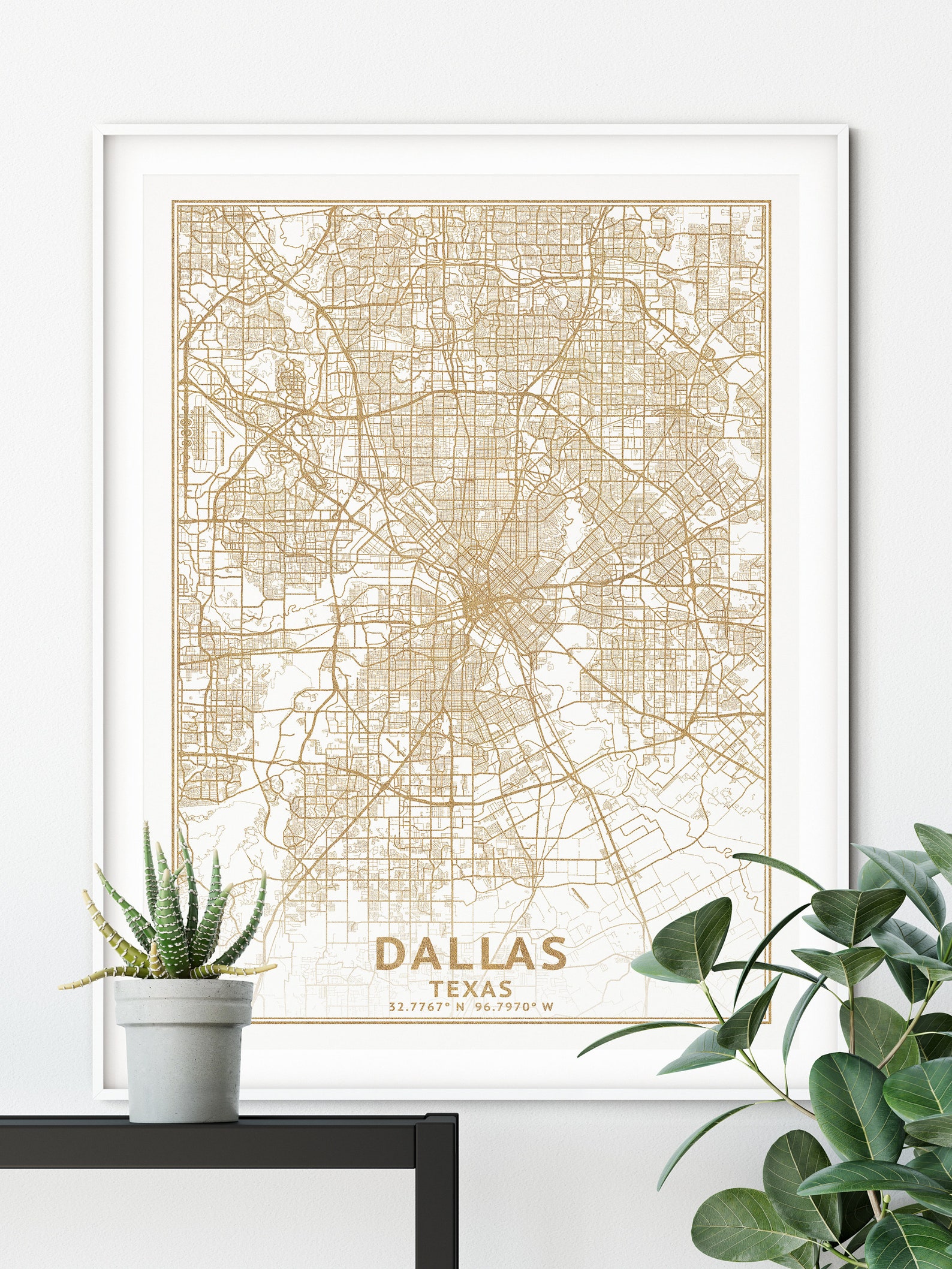 Dallas Texas Map, High Resolution Real Gold Leaf Texture, Coordinates ...