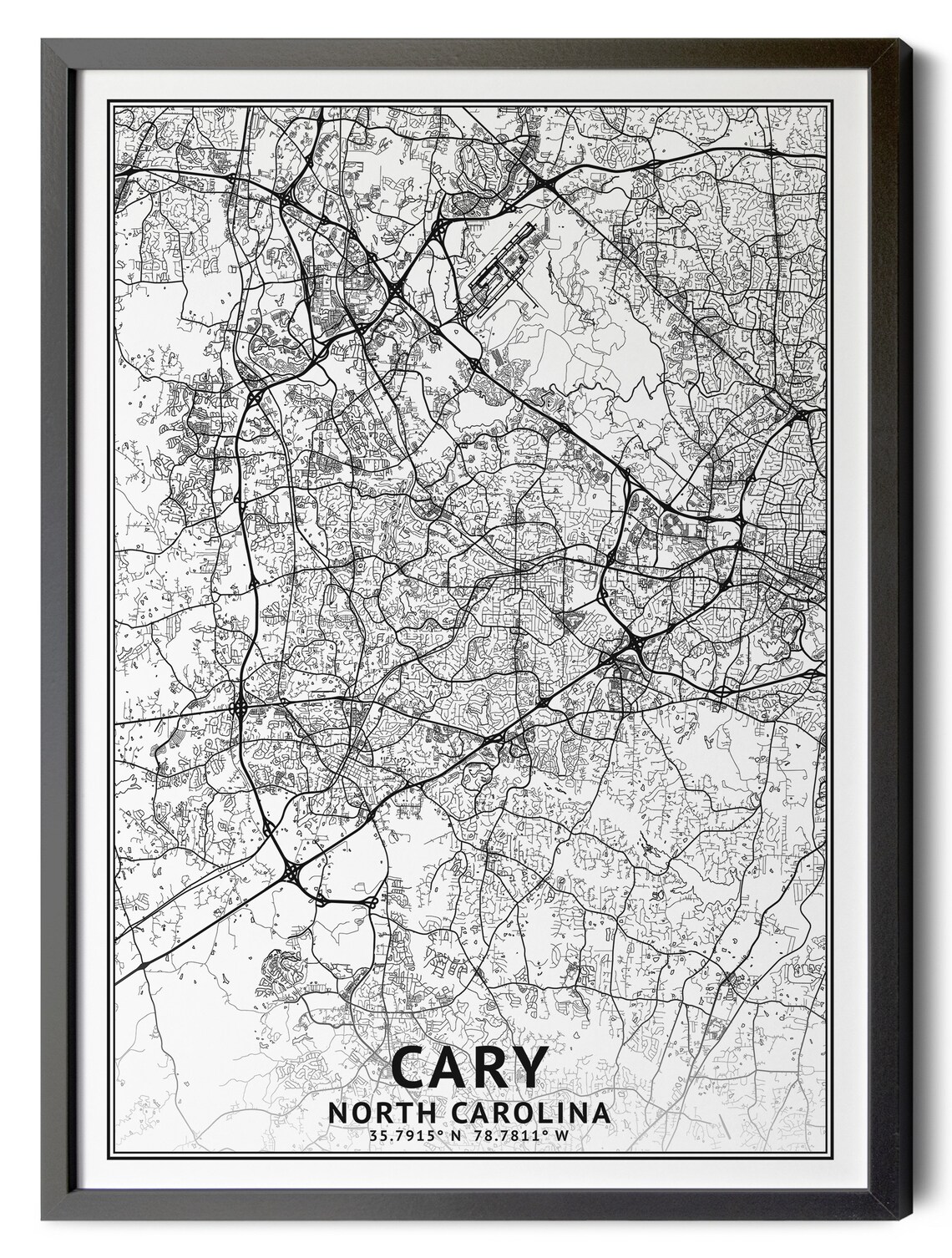 Cary North Carolina Map, Black and White, Coordinates, Map of Cary ...