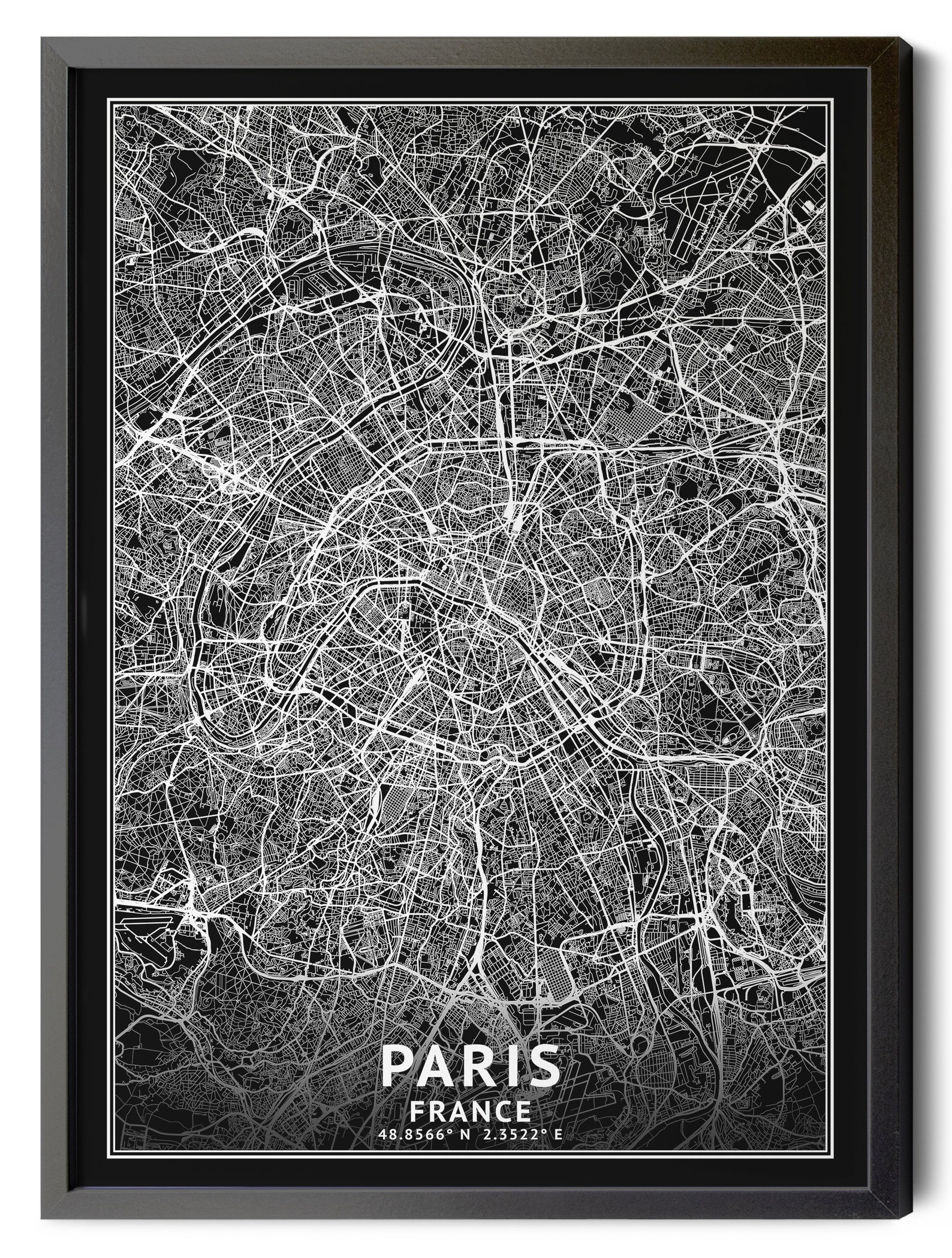 Paris France Map Black and White Inverted Black - Etsy