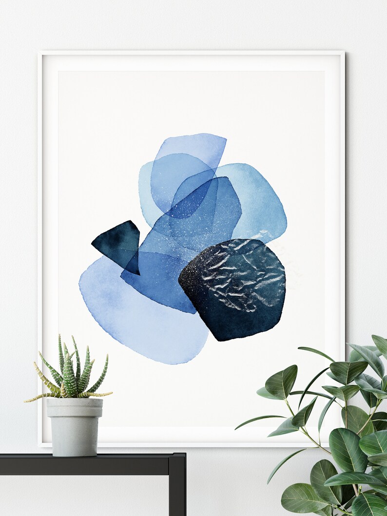 Navy Blue Wall Art, Watercolor Shapes, Abstract Textures, Printable ...