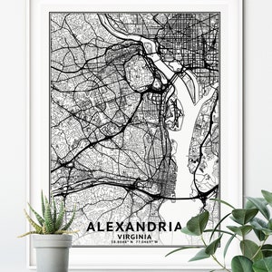 Alexandria Virginia Map, Black and White, Coordinates, Map of ...