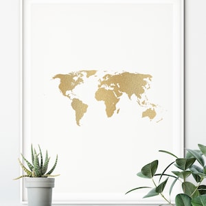 World Map, Gold, High Resolution Gold Foil, World Map Wall Art, Map of ...