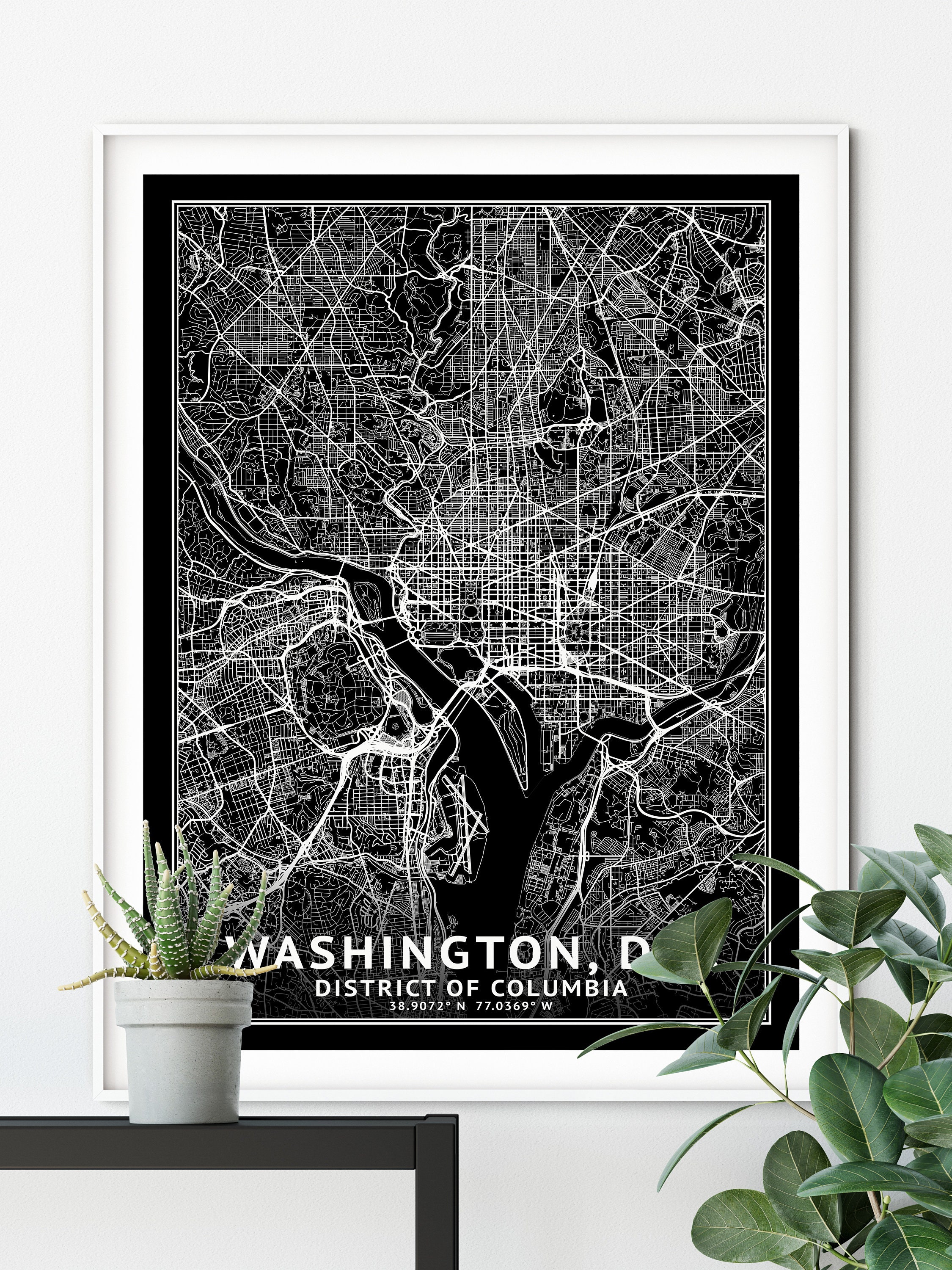 Washington DC Map, Black and White, Inverted, Coordinates, Washington ...