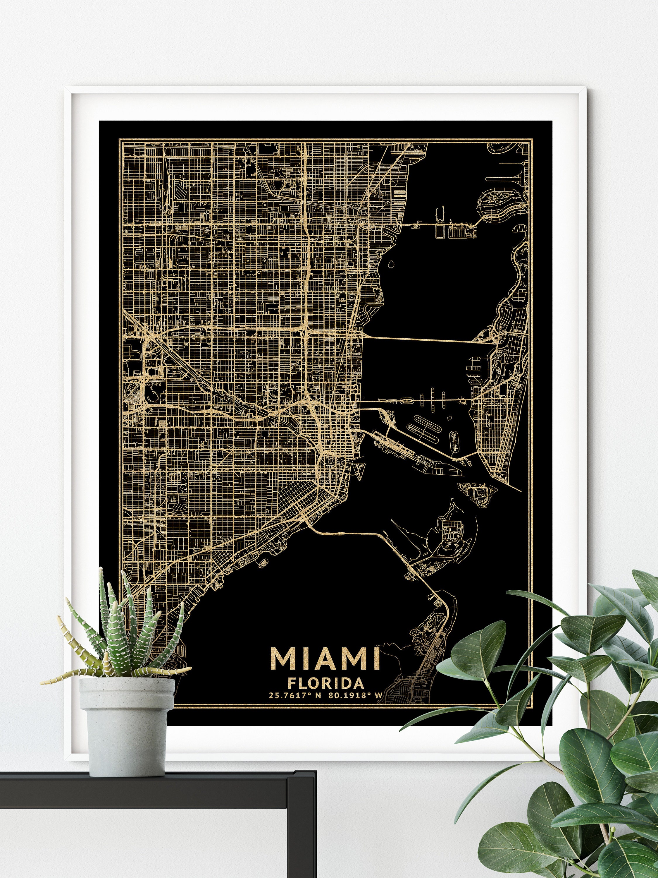 Miami Florida Map, Black, High Resolution Real Gold Leaf Texture ...