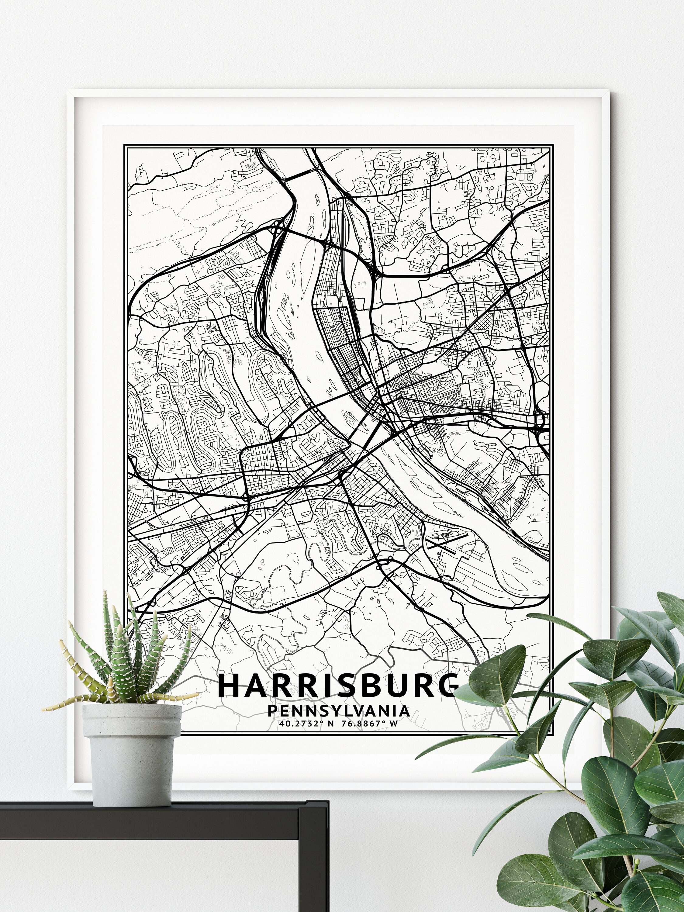 Harrisburg Pennsylvania Map, Black and White, Coordinates, Map of ...