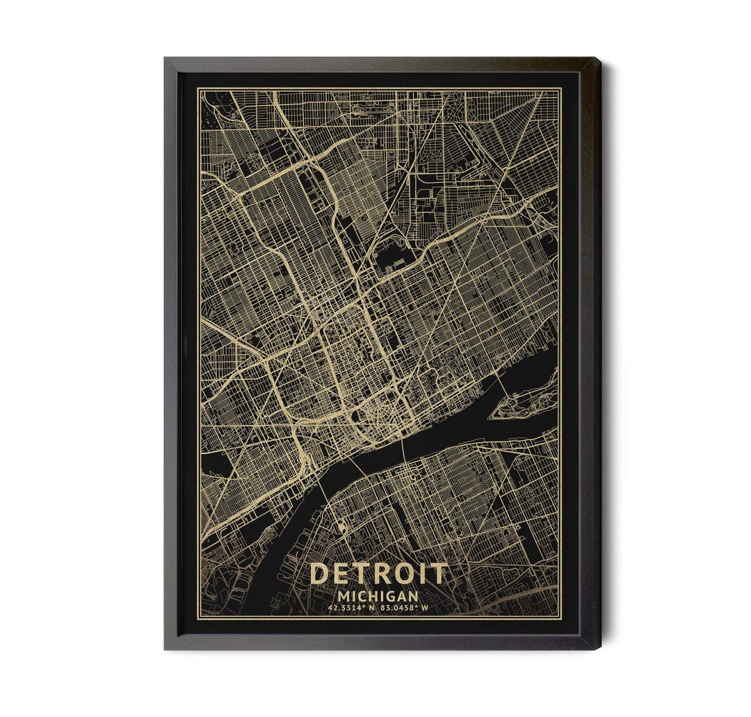 Detroit Map Art: Gold Leaf Texture, Black City Map (printable) - Etsy