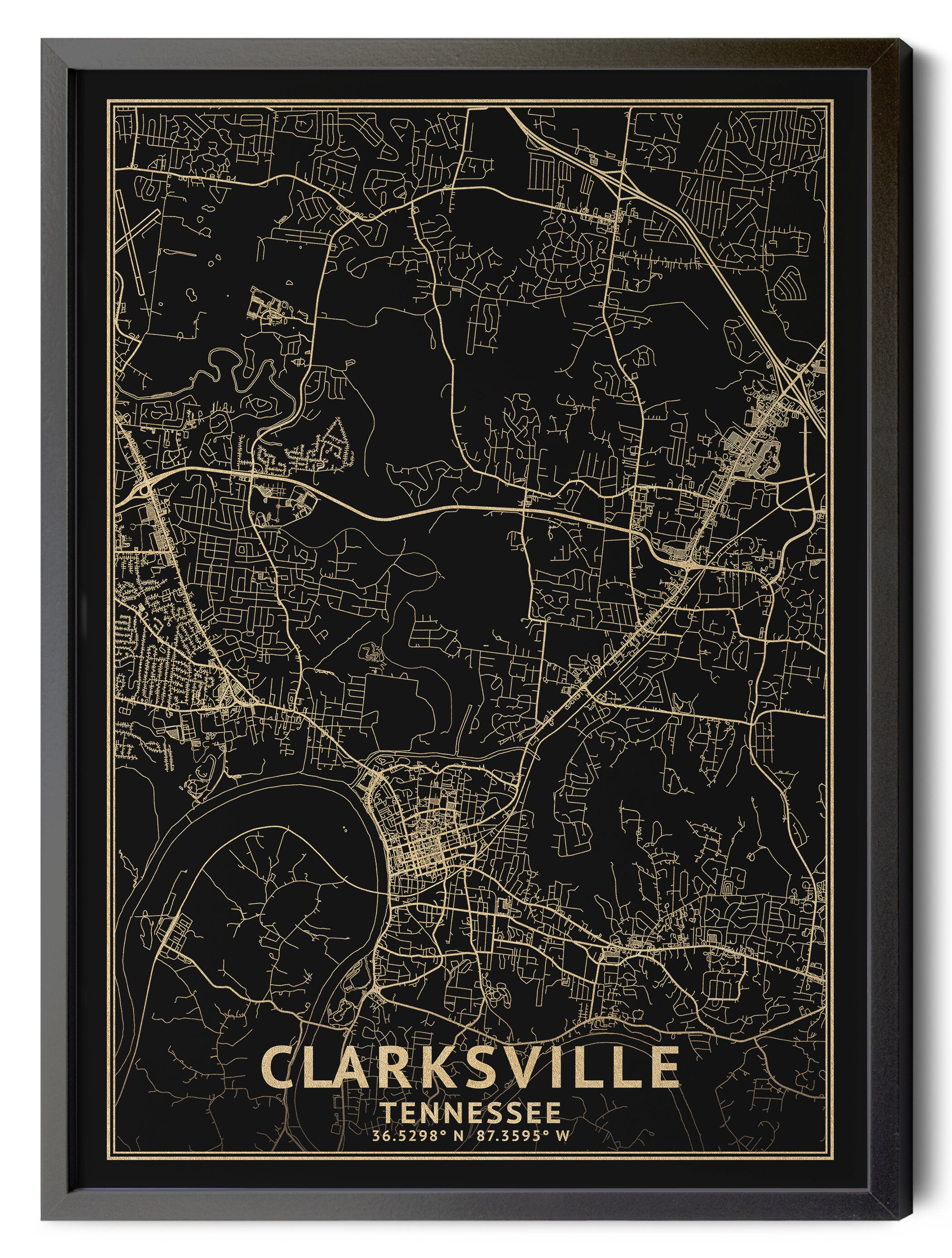 Clarksville Tennessee Map, Black, High Resolution Real Gold Leaf ...
