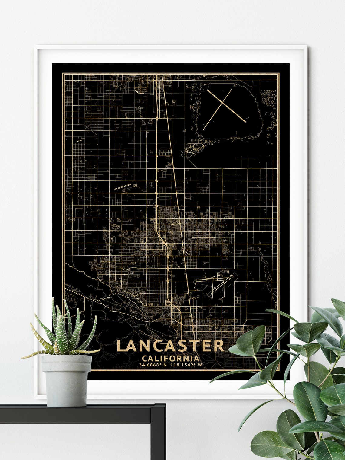 Lancaster California Map, Black, High Resolution Real Gold Leaf Texture ...