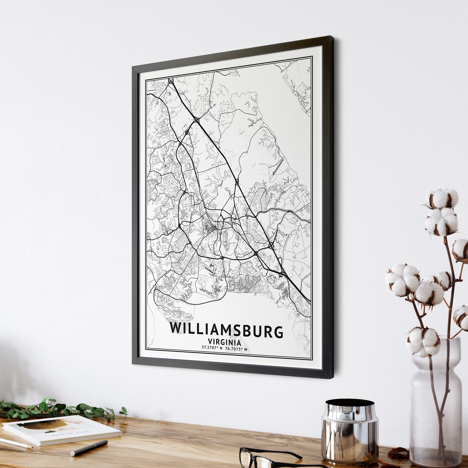 Williamsburg Virginia Map, Black and White, Coordinates, Map of ...