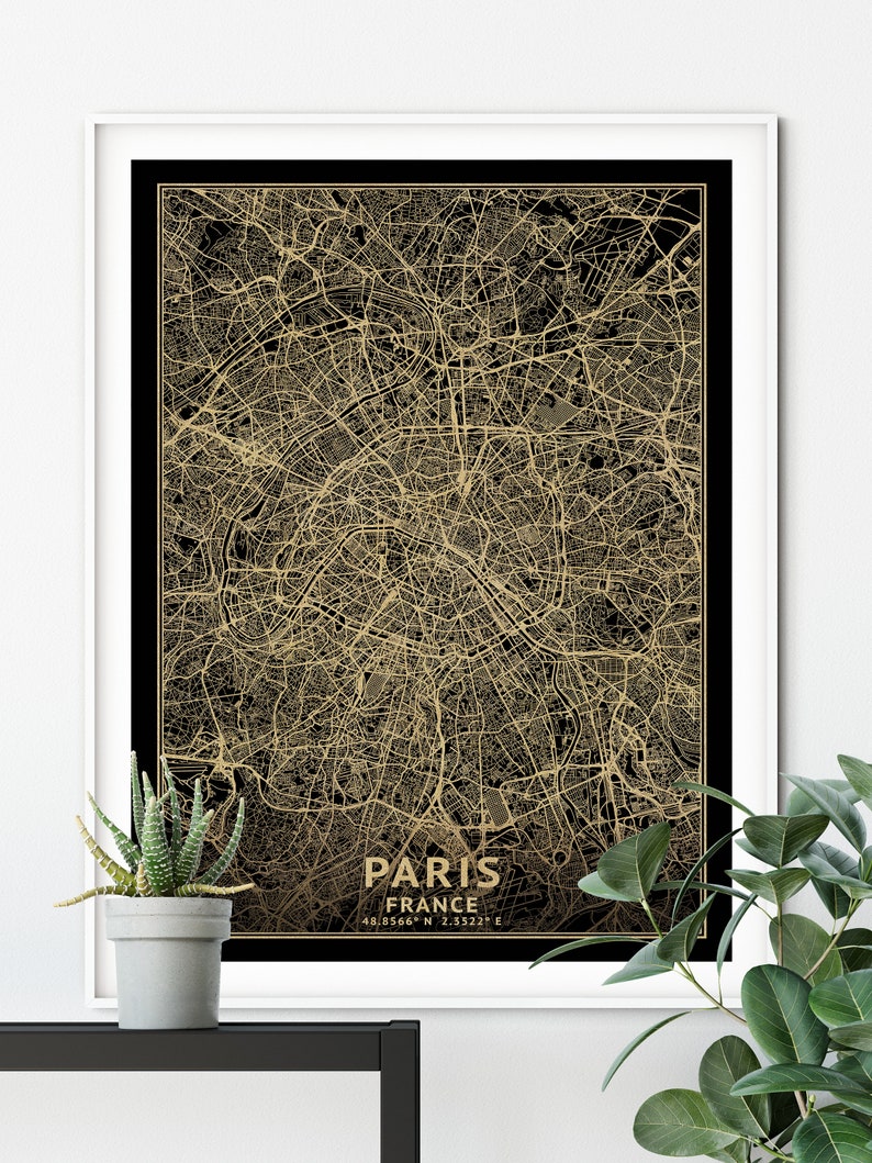 Paris France Map Black High Resolution Real Gold Leaf - Etsy