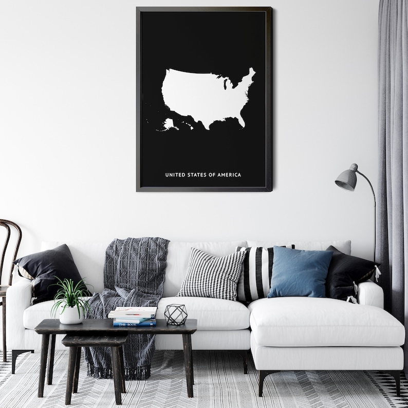 United States of America Map Black and White Inverted - Etsy