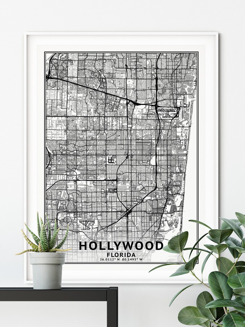 Hollywood Florida Map, Black and White, Coordinates, Map of Hollywood ...