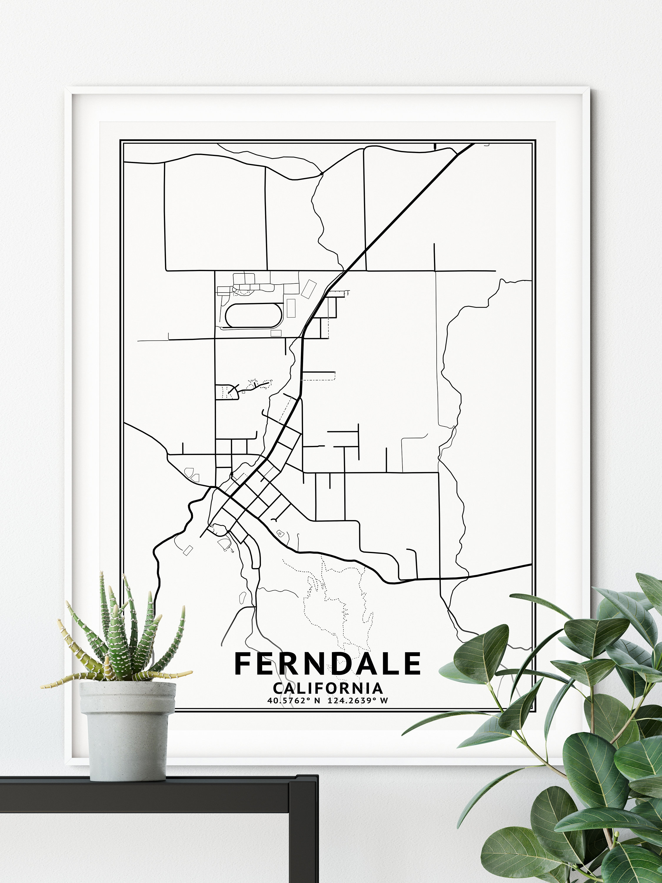 Ferndale California Map, Black and White, Coordinates, Map of Ferndale ...