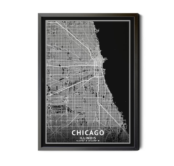 Chicago Map Black and White Inverted Black Chicago Illinois - Etsy