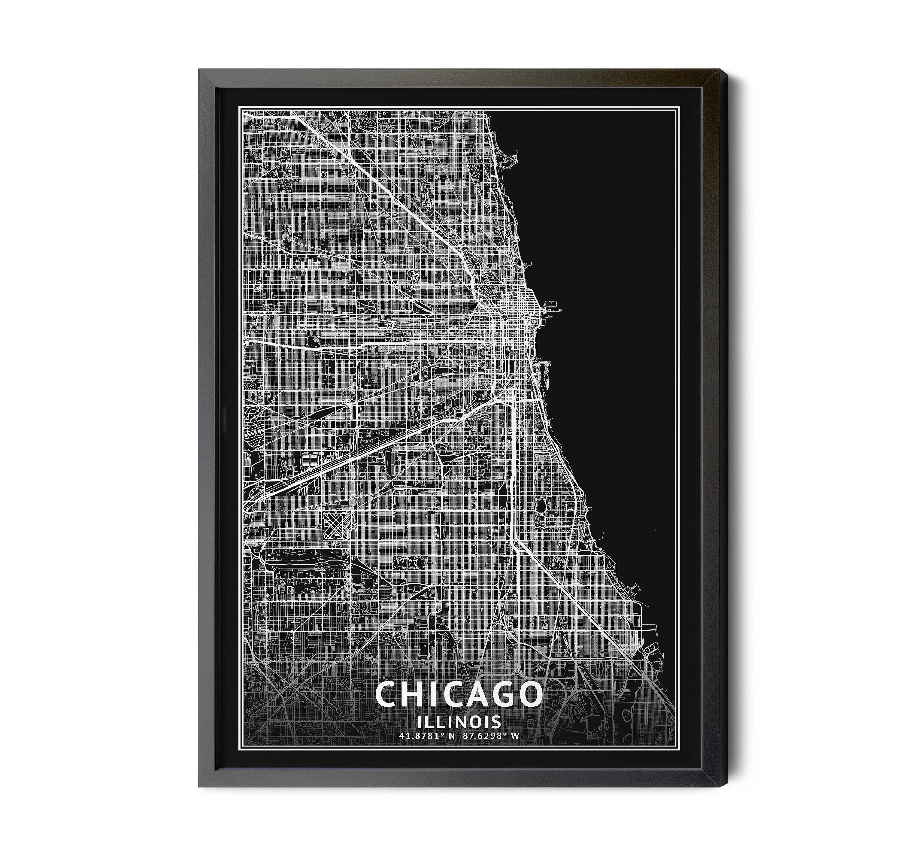 Chicago Map, Black and White, Inverted Black, Chicago Illinois Map Wall ...