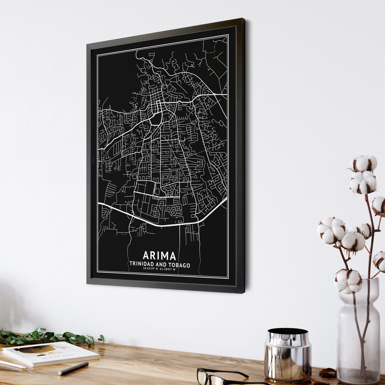 Arima Trinidad and Tobago Map, Black and White, Inverted, Coordinates ...