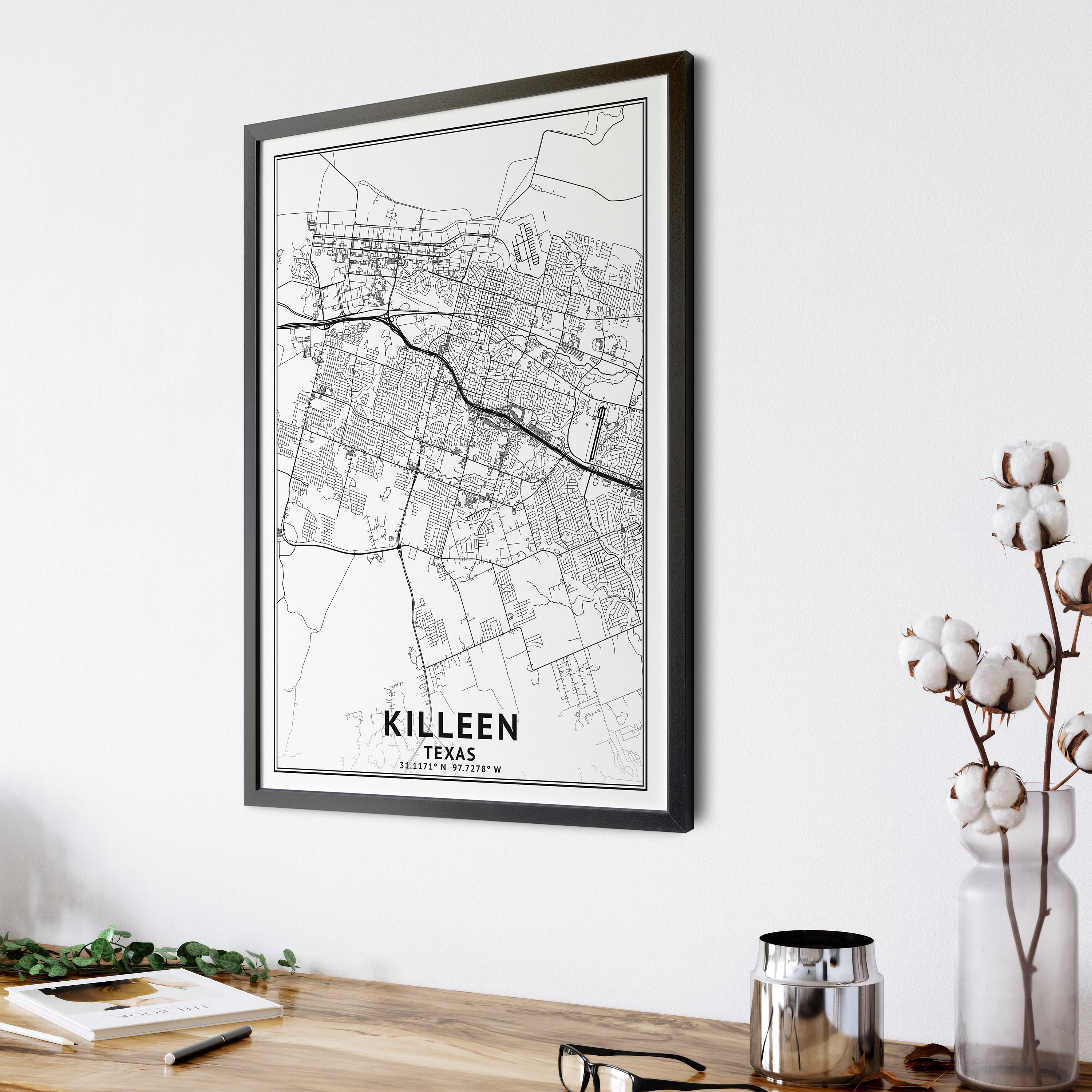 Killeen Texas Map Black and White Coordinates Map of | Etsy