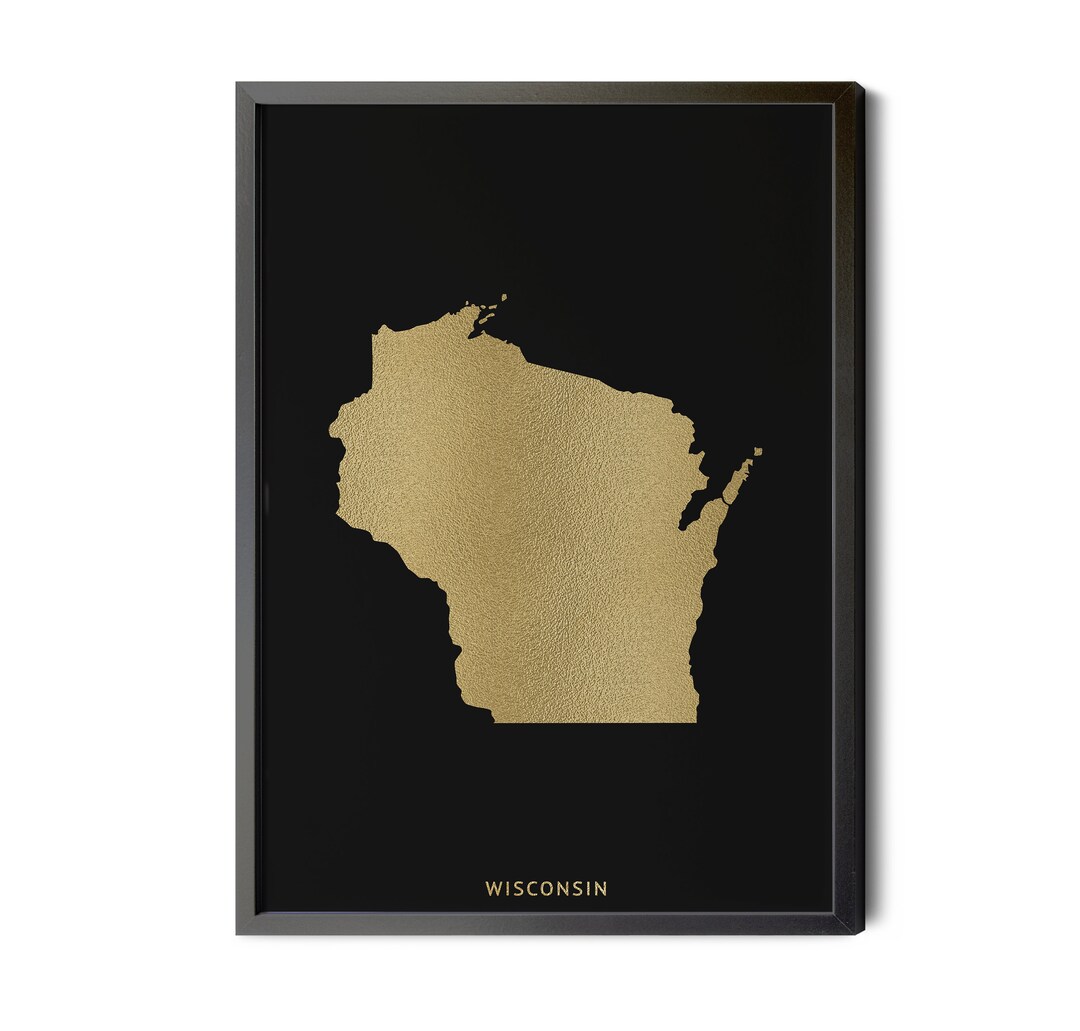 Wisconsin Map, Black, Gold Foil Texture, Wisconsin Wall Art, Wisconsin ...