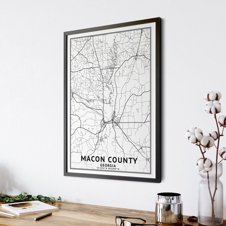 Macon County Georgia Map, Black and White, Coordinates, Map of Macon ...
