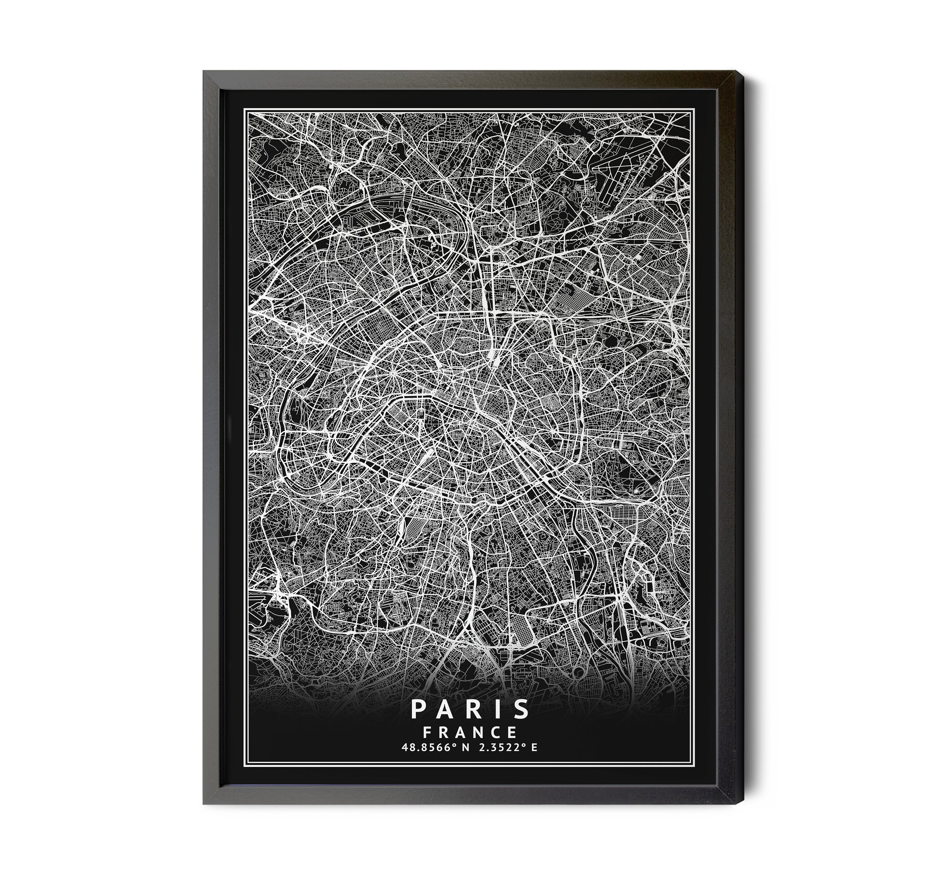 Paris France Map Black and White Inverted Black | Etsy
