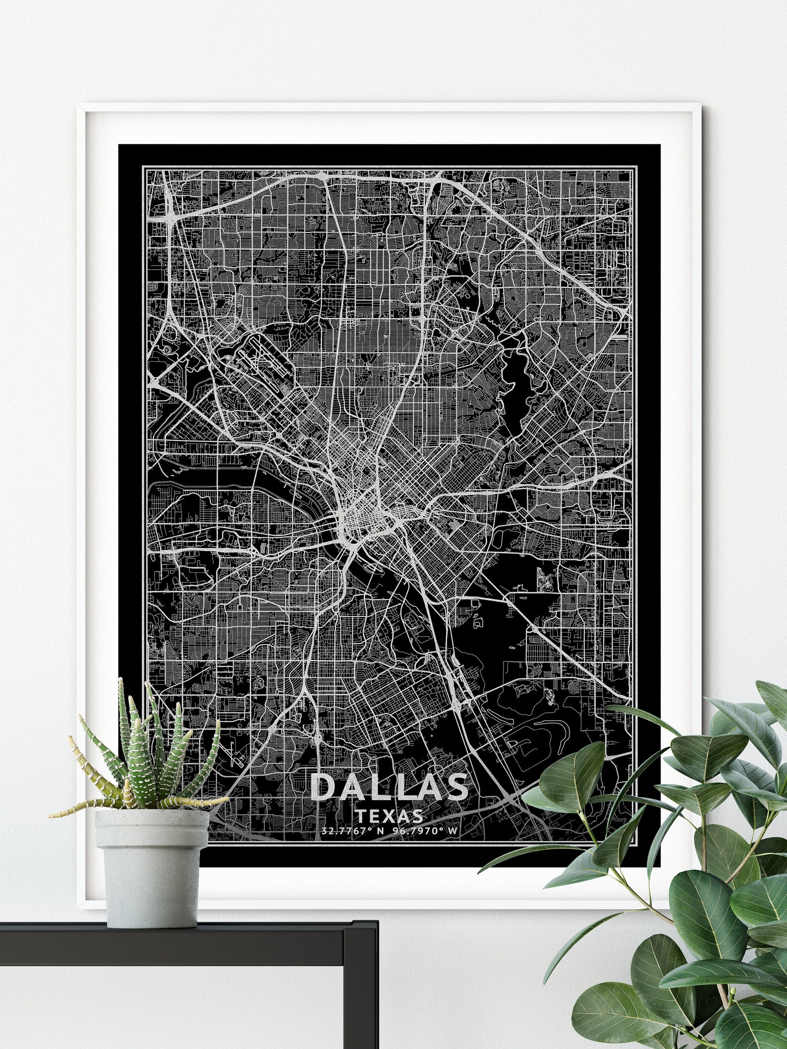Dallas Texas Map, Black, High Resolution Real Silver Texture ...