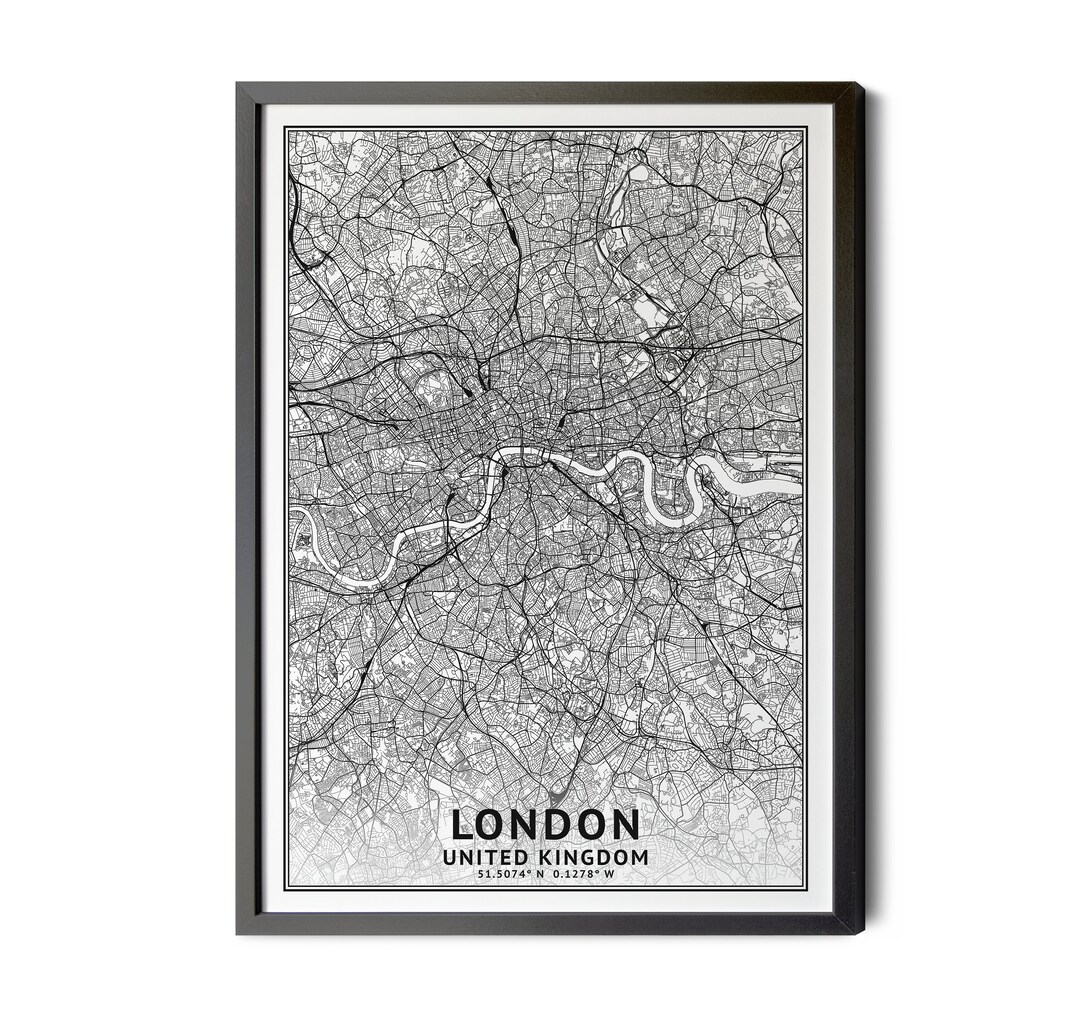 London United Kingdom Map, Black and White, Coordinates, Map of London ...