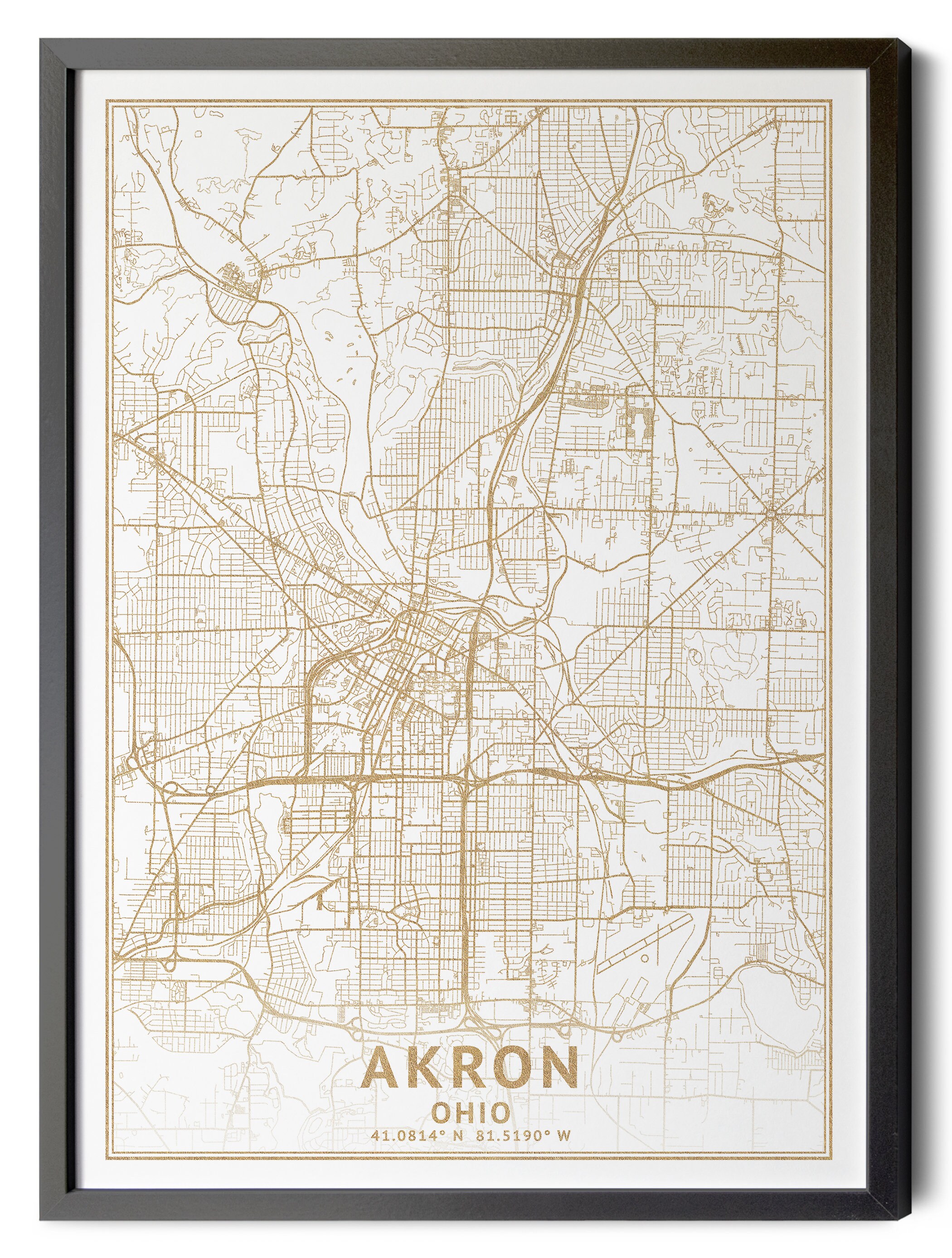 Akron Ohio Map, High Resolution Real Gold Leaf Texture, Coordinates ...