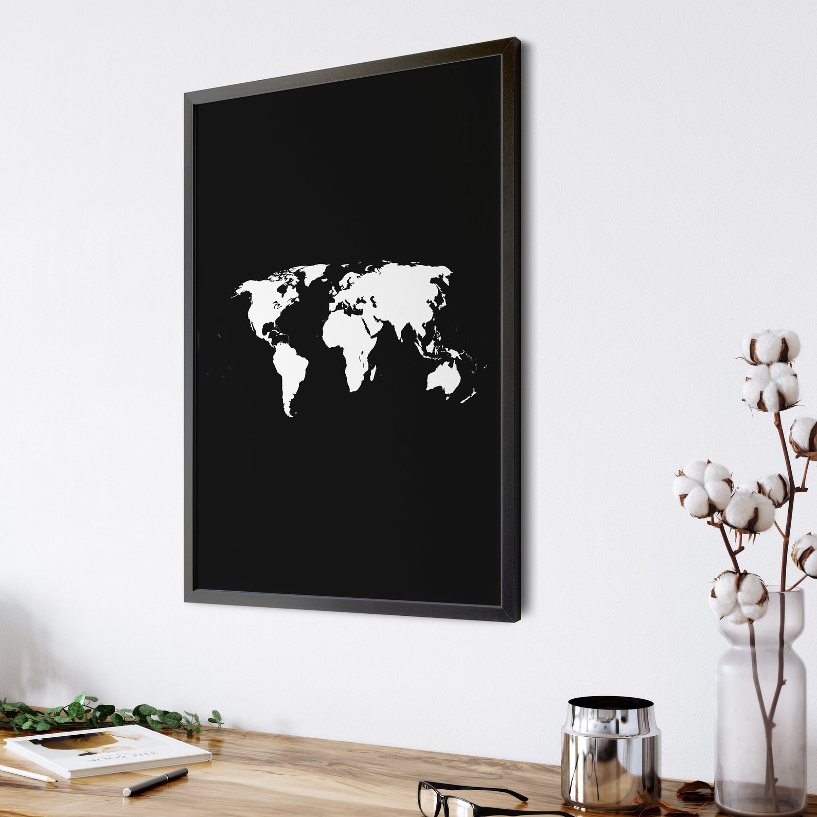 World Map, Black and White, Inverted, World Map Wall Art, Minimalist ...