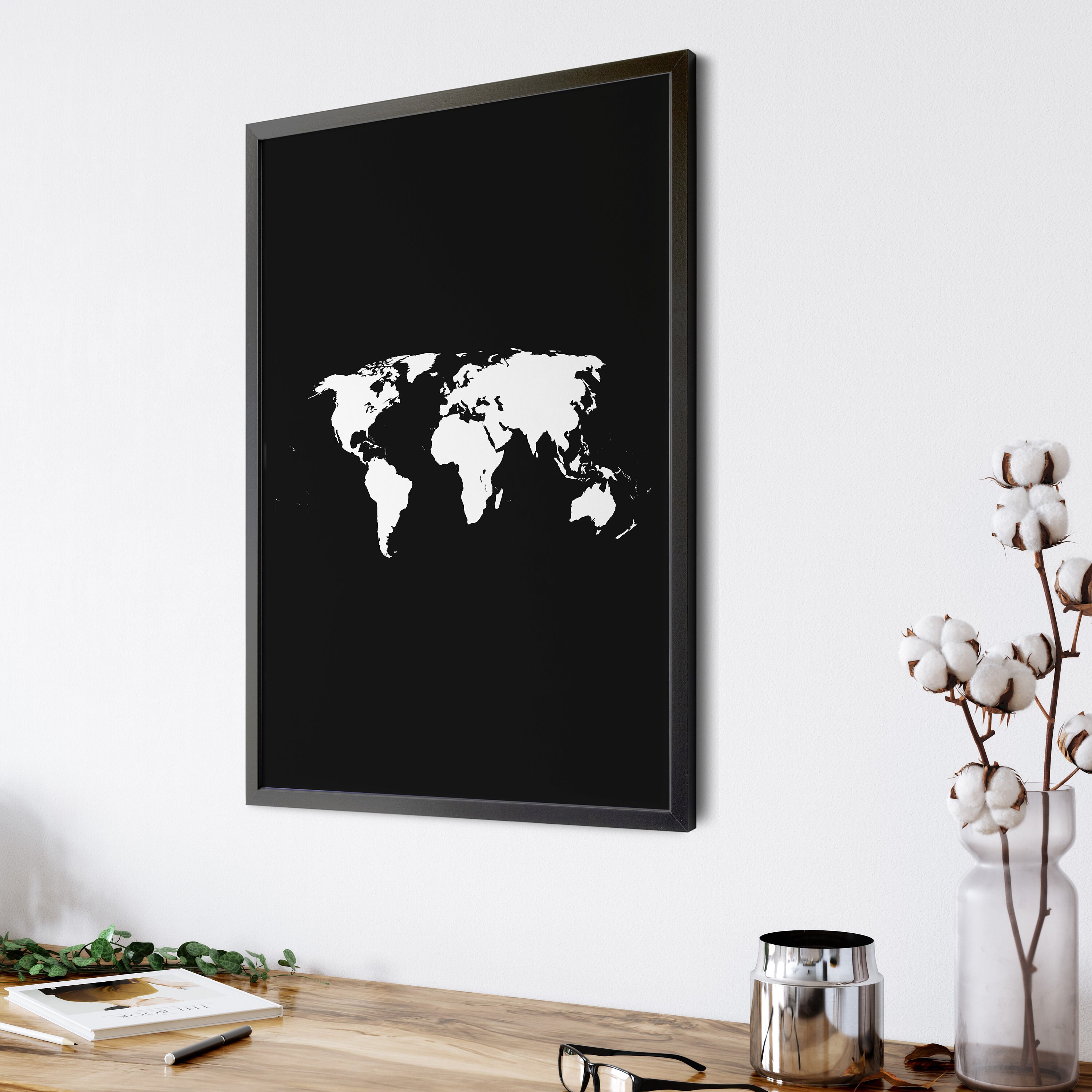 World Map Black and White Inverted World Map Wall Art | Etsy