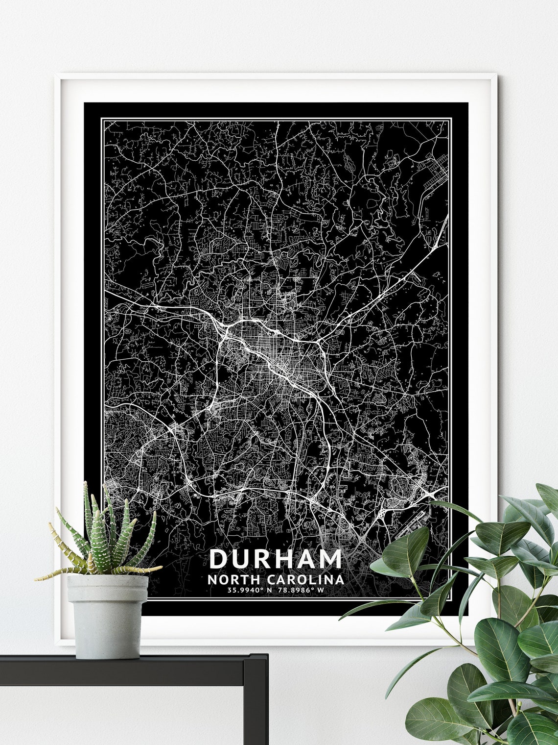 Durham North Carolina Map Black and White Inverted - Etsy
