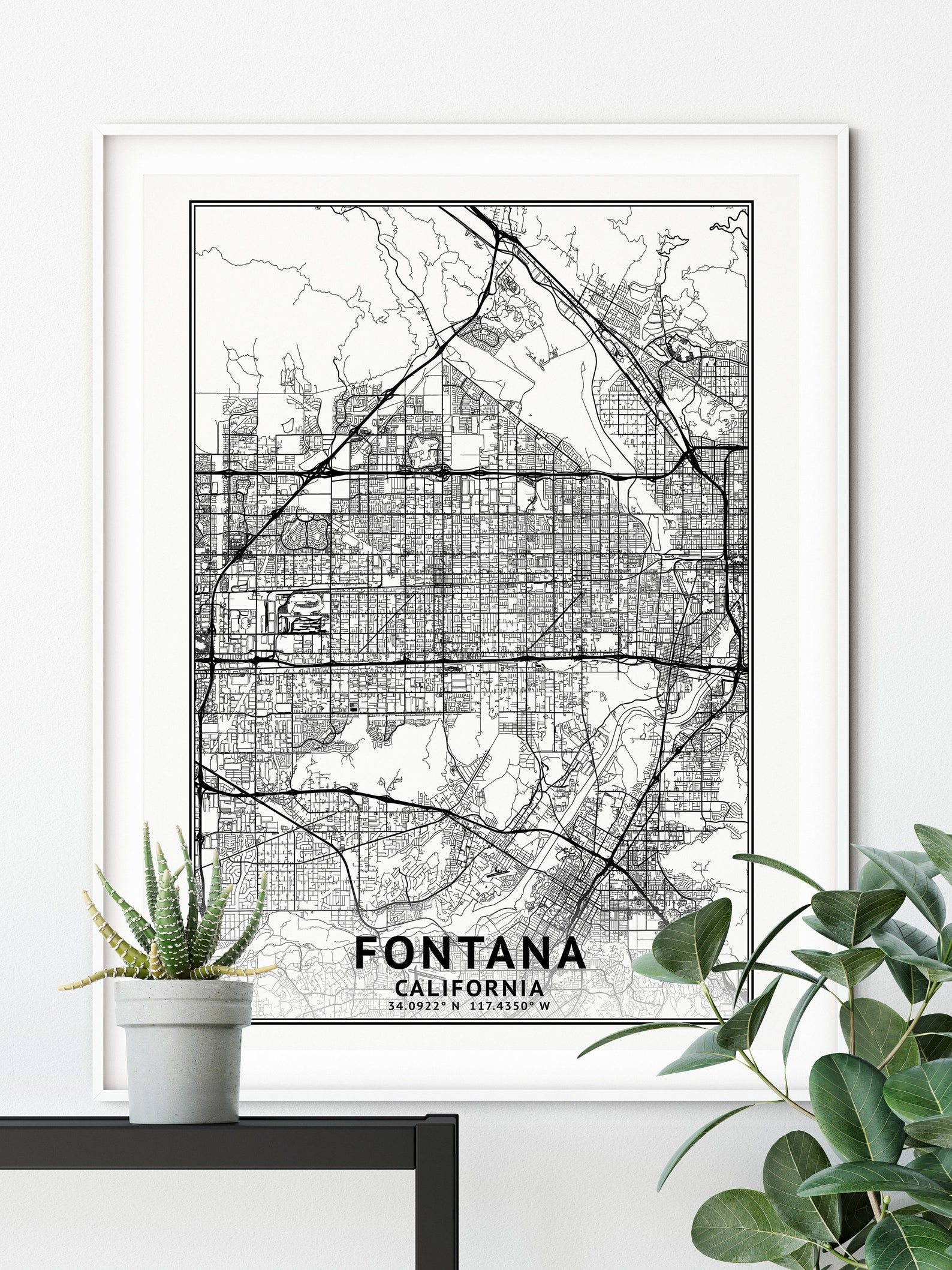 Fontana California Map, Black and White, Coordinates, Map of Fontana ...