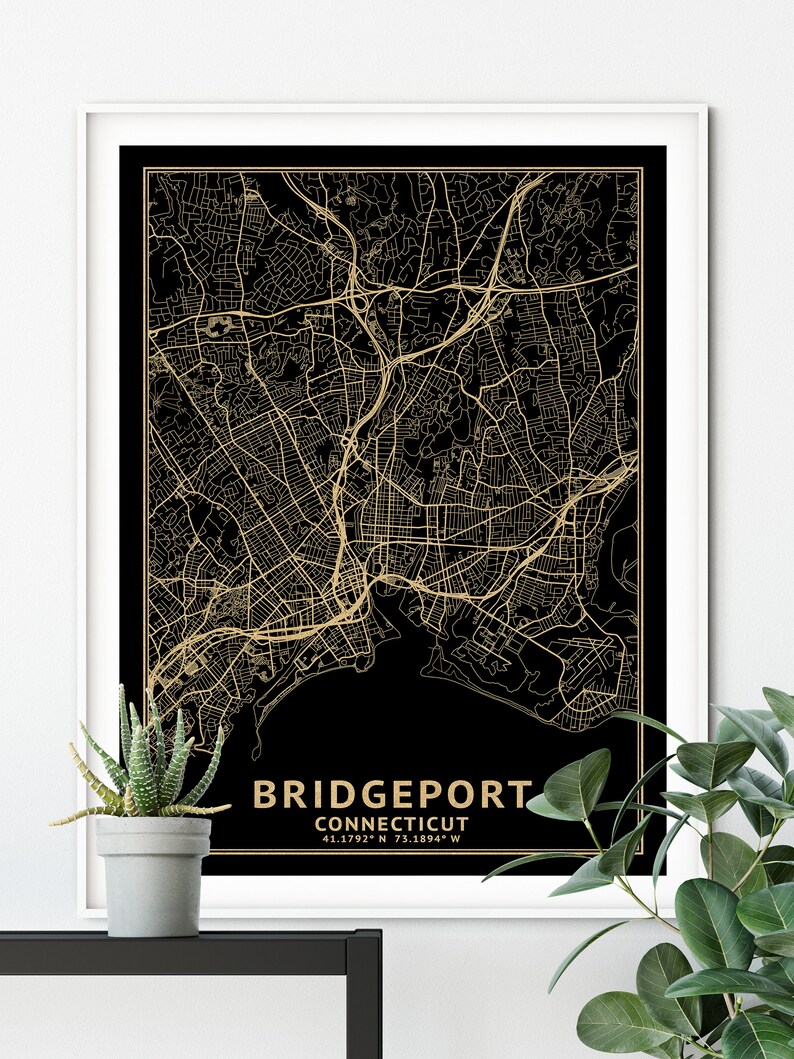 Bridgeport Connecticut Map, Black, High Resolution Real Gold Leaf ...