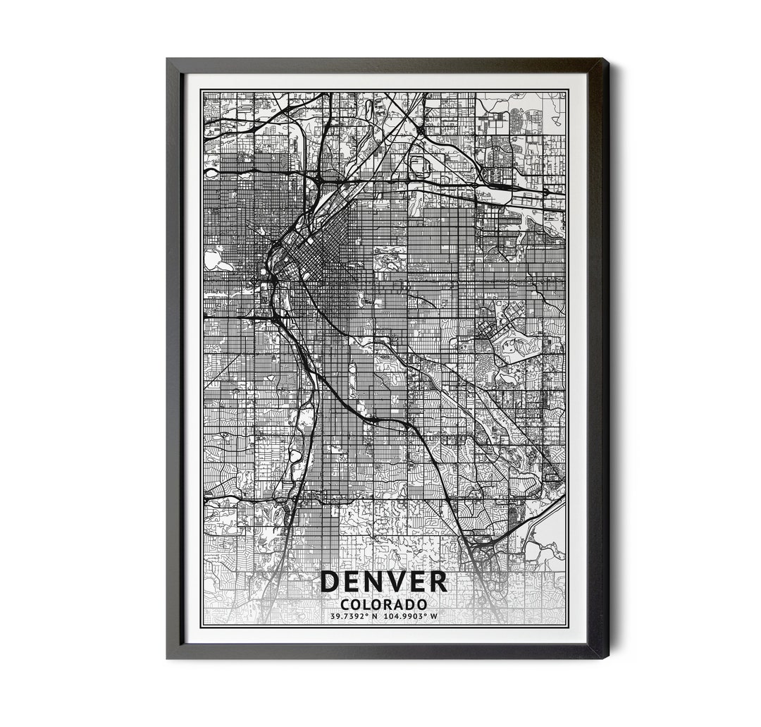 Denver Colorado Map, Black and White, Coordinates, Map of Denver ...