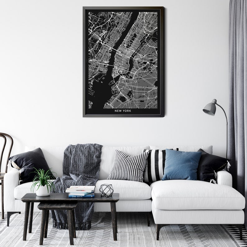 New York City Map Black and White Inverted New York City - Etsy