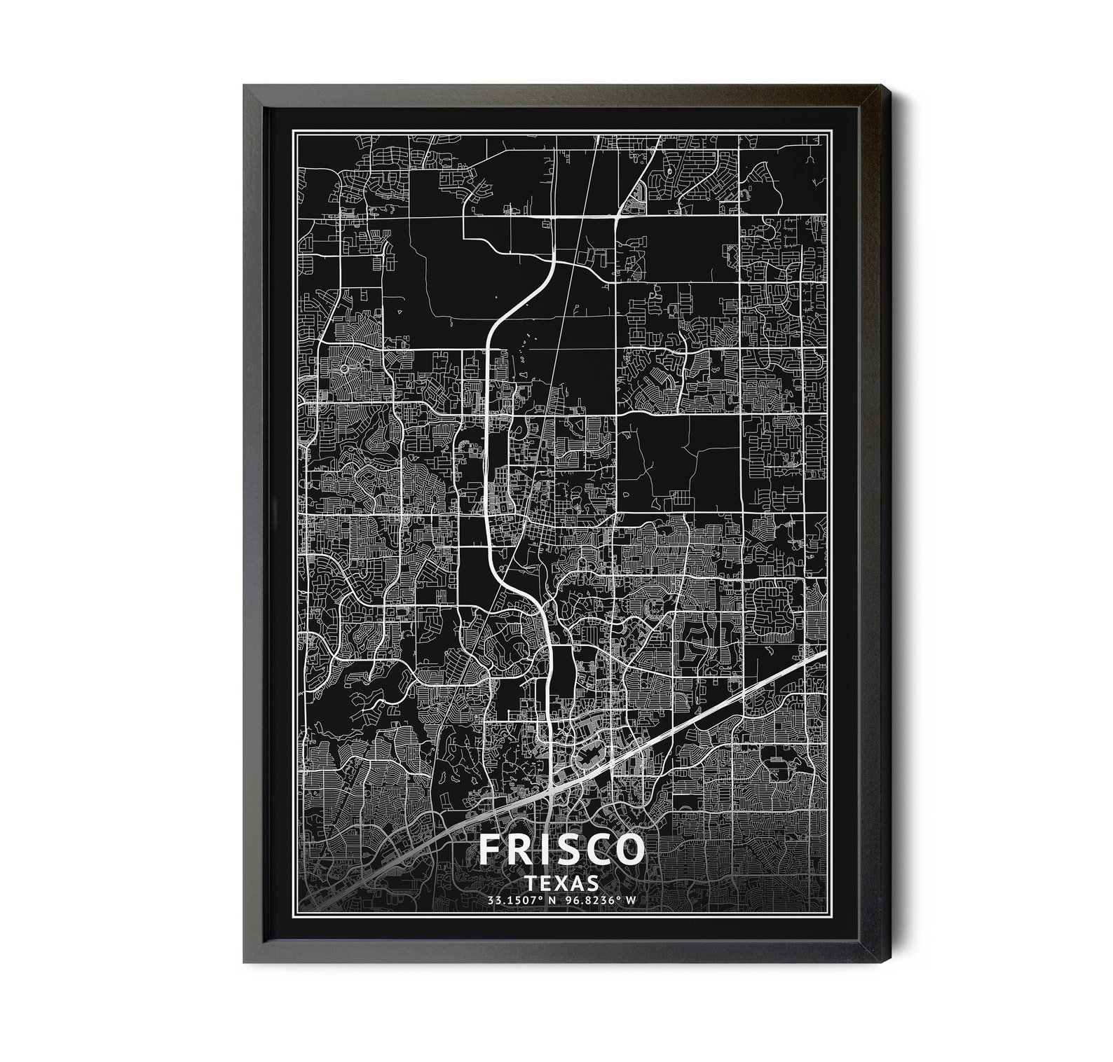Frisco Texas Map, Black and White, Inverted, Coordinates, Map of Frisco ...
